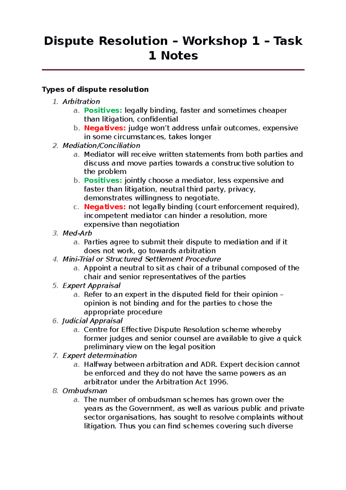 Dispute Resolution Workshop 1 Task 1 Notes Dispute Resolution