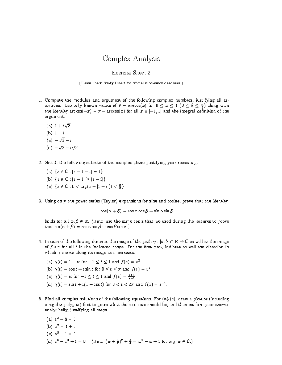 Complex Analysis Worksheet 2 2016 Complex Analysis Exercise Sheet 2