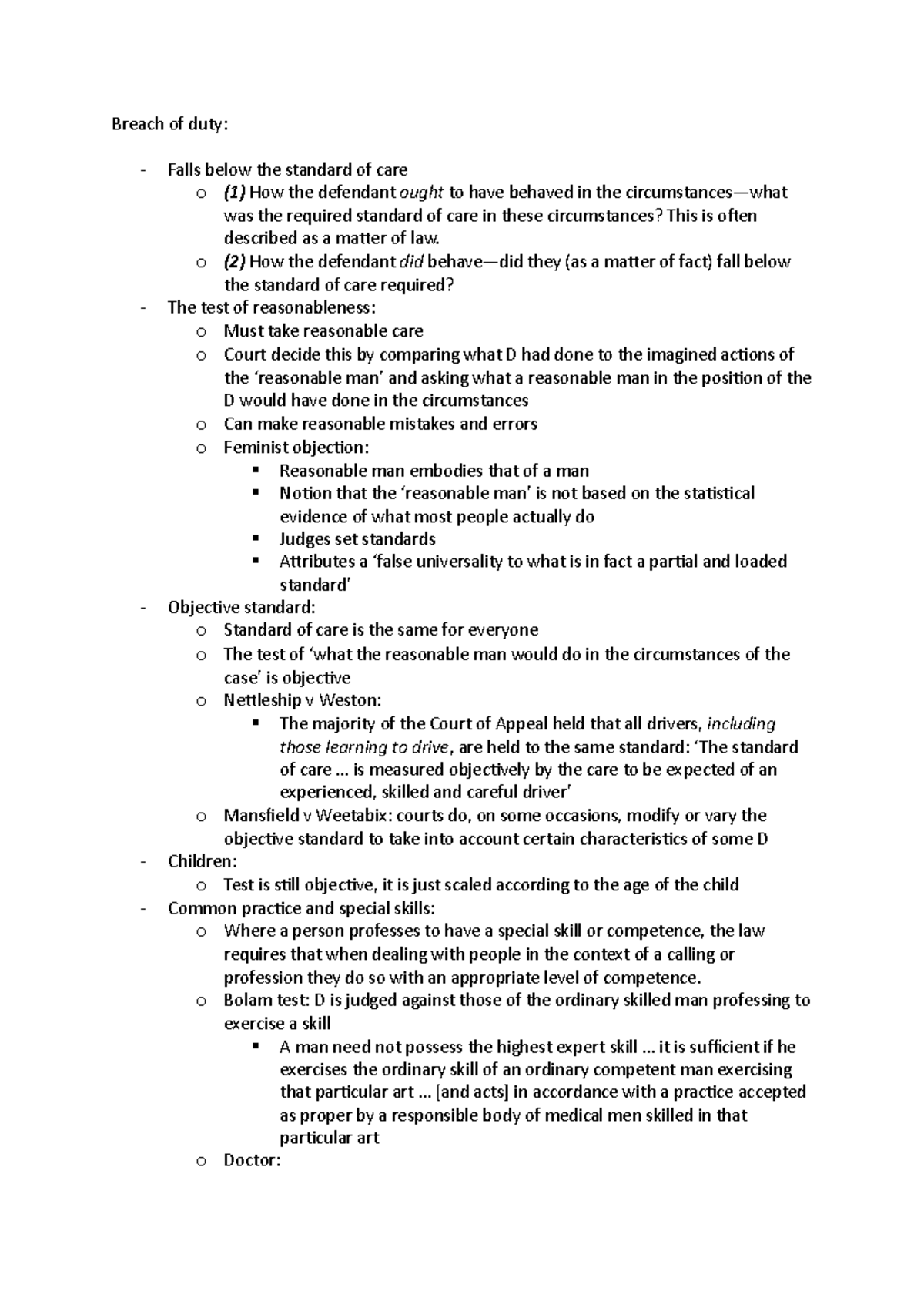 Breach Of Duty Notes Breach Of Duty Falls Below The Standard Of Care