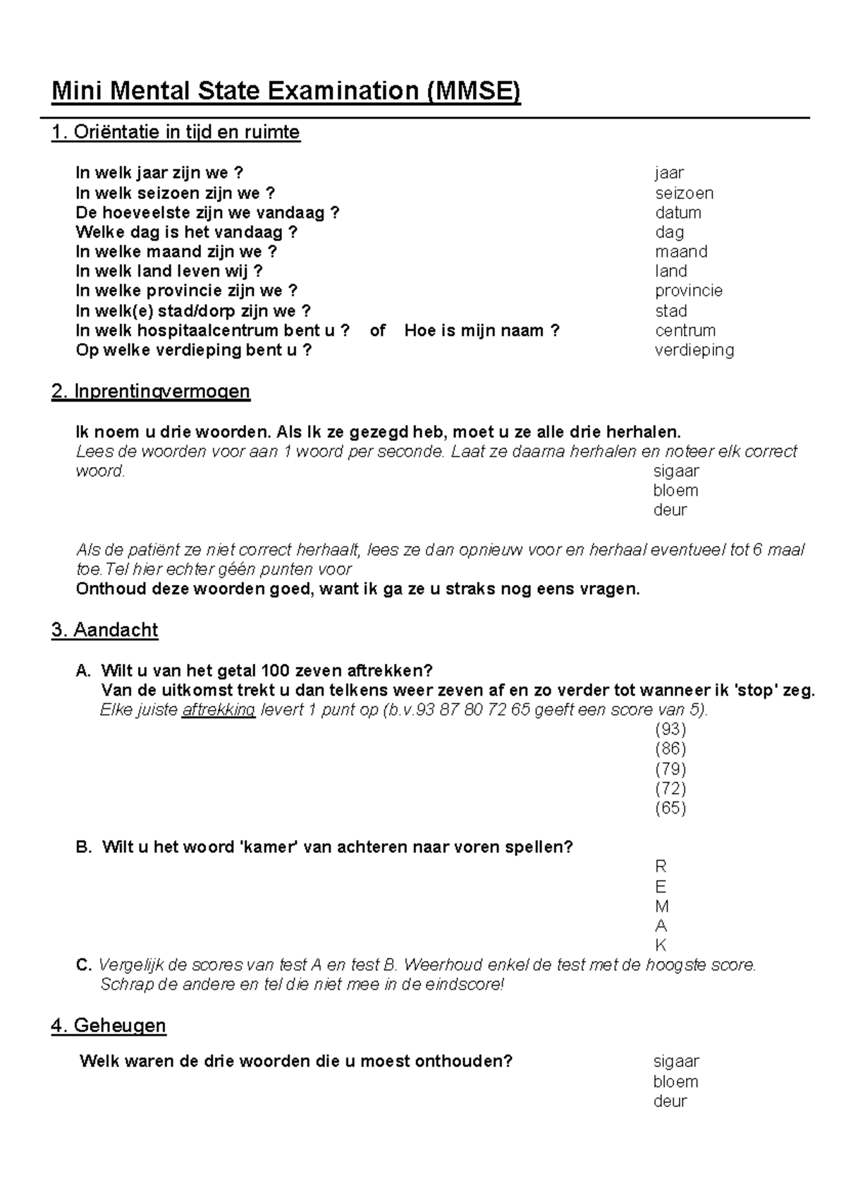 Mmse Mini Mental State Examination Studeersnel