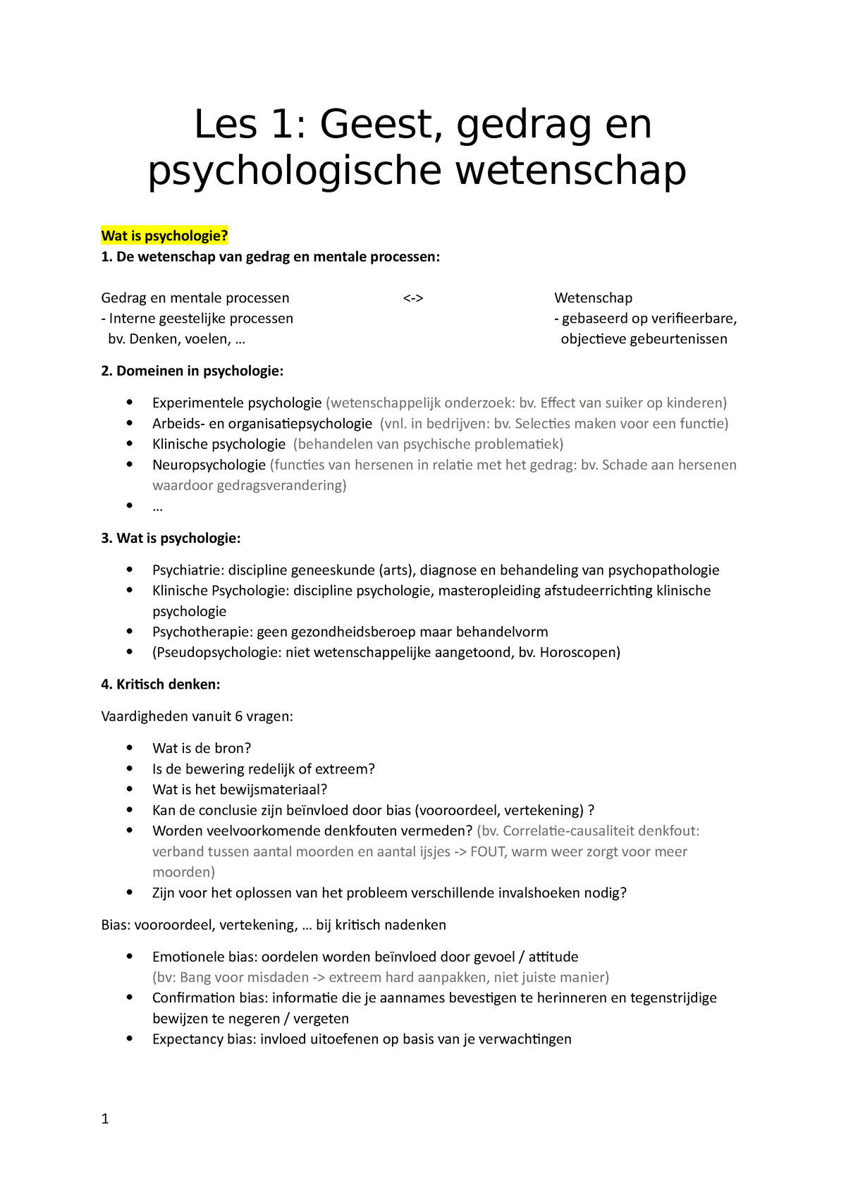 Samenvatting Les 1 Les 1 Geest Gedrag En Psychologische Wetenschap