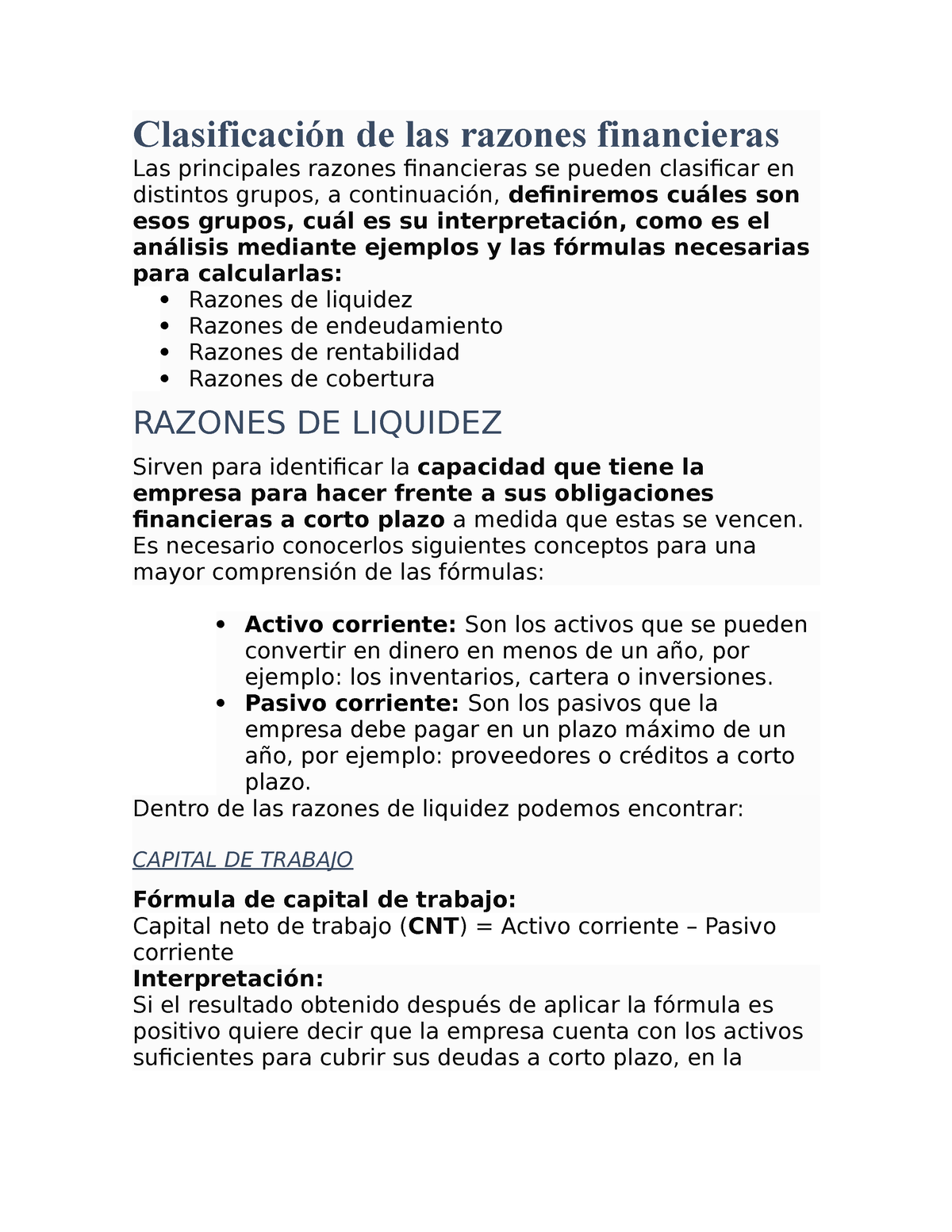 Clasificación De Las Razones Financieras Clasificación De Las Razones