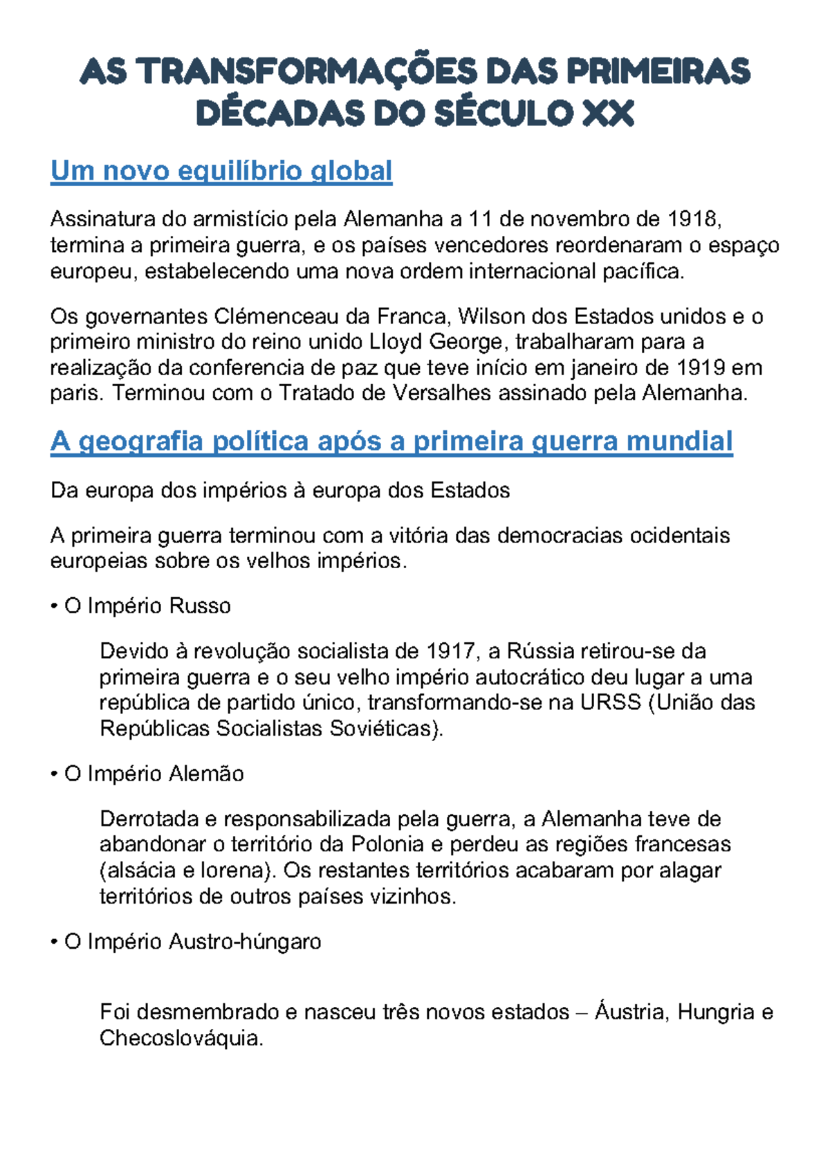 As Transformações Das Primeiras Décadas Do Século Xx As