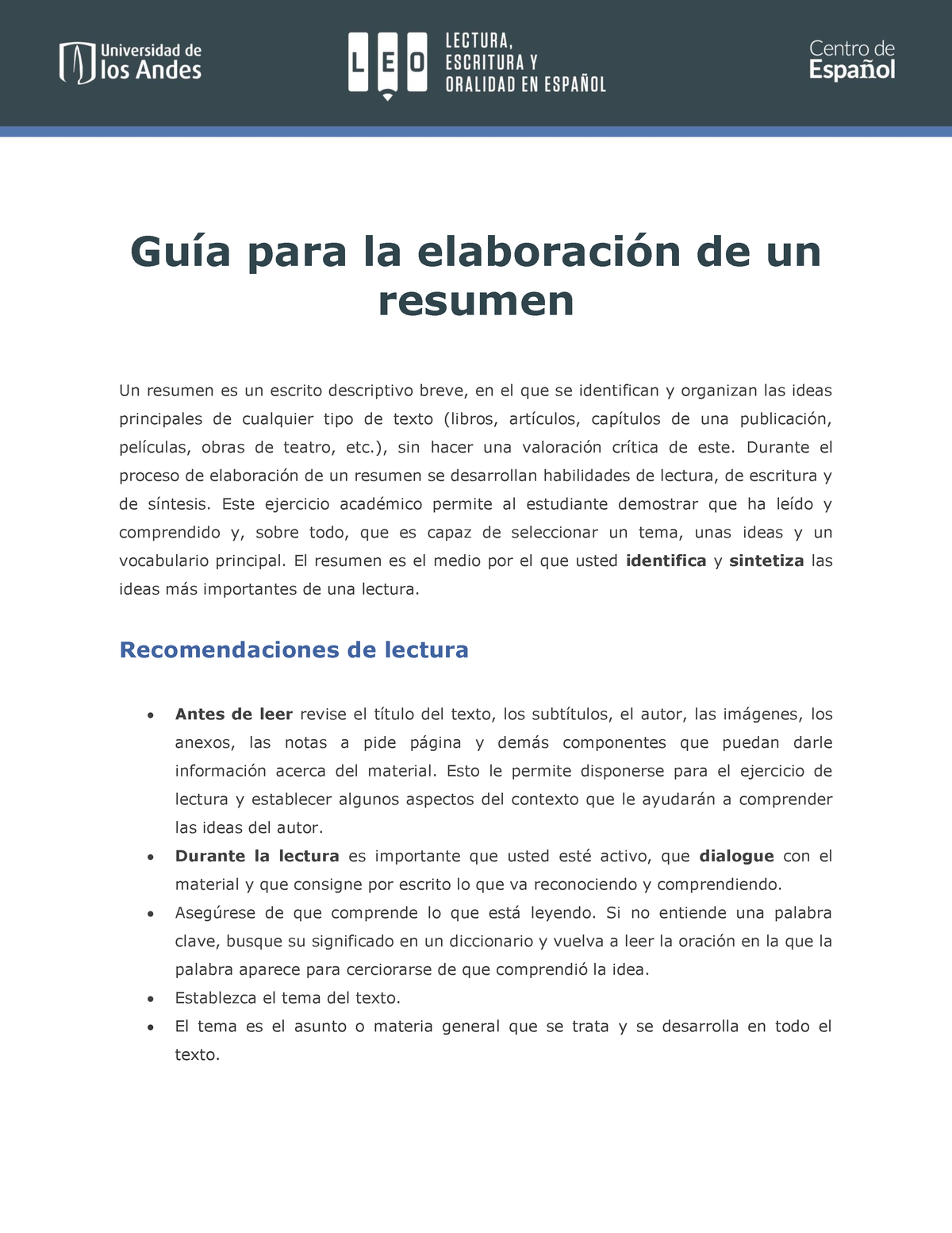 Guía Para Elaborar Un Resumen GuÌa Para La ElaboraciÛn De Un Resumen