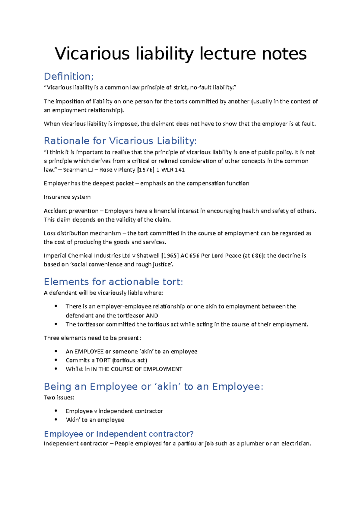 Vicarious Liability Lecture Notes Vicarious Liability Lecture Notes