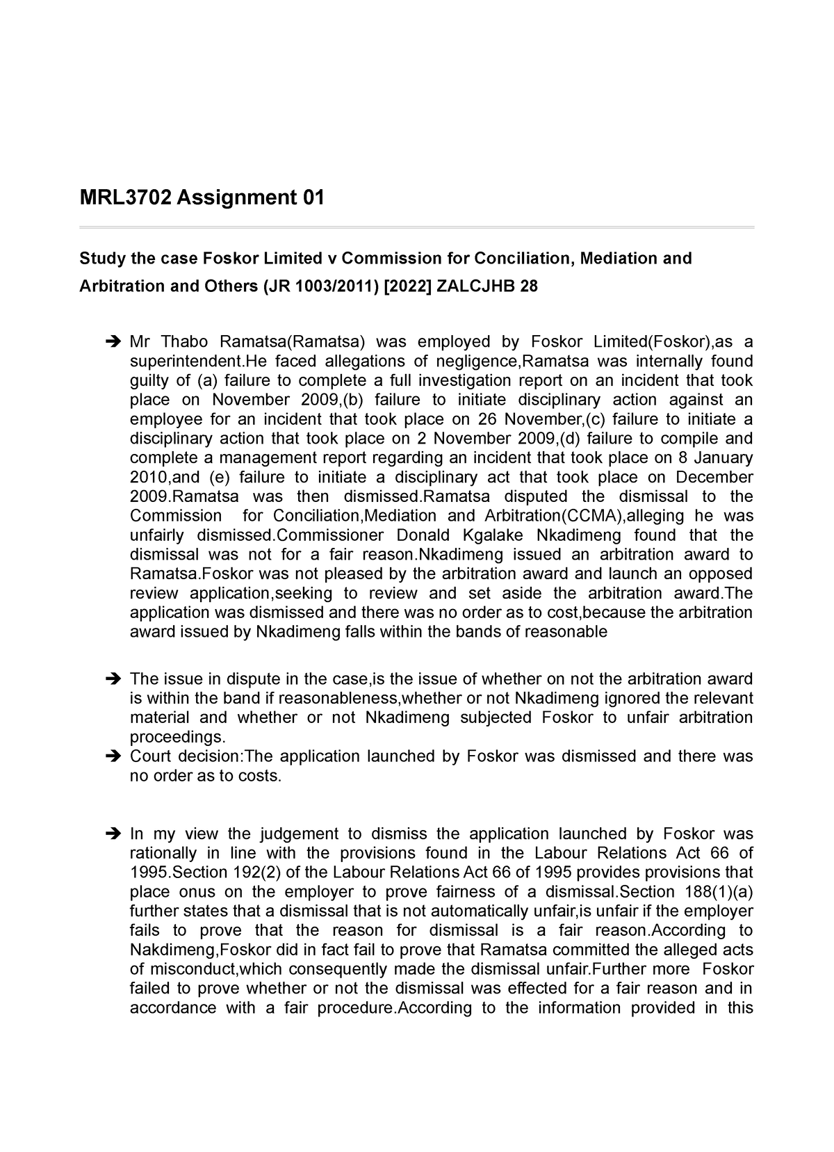 Mrl3702 Assignment 01 Case Summary Mrl3702 Assignment 01 Study The