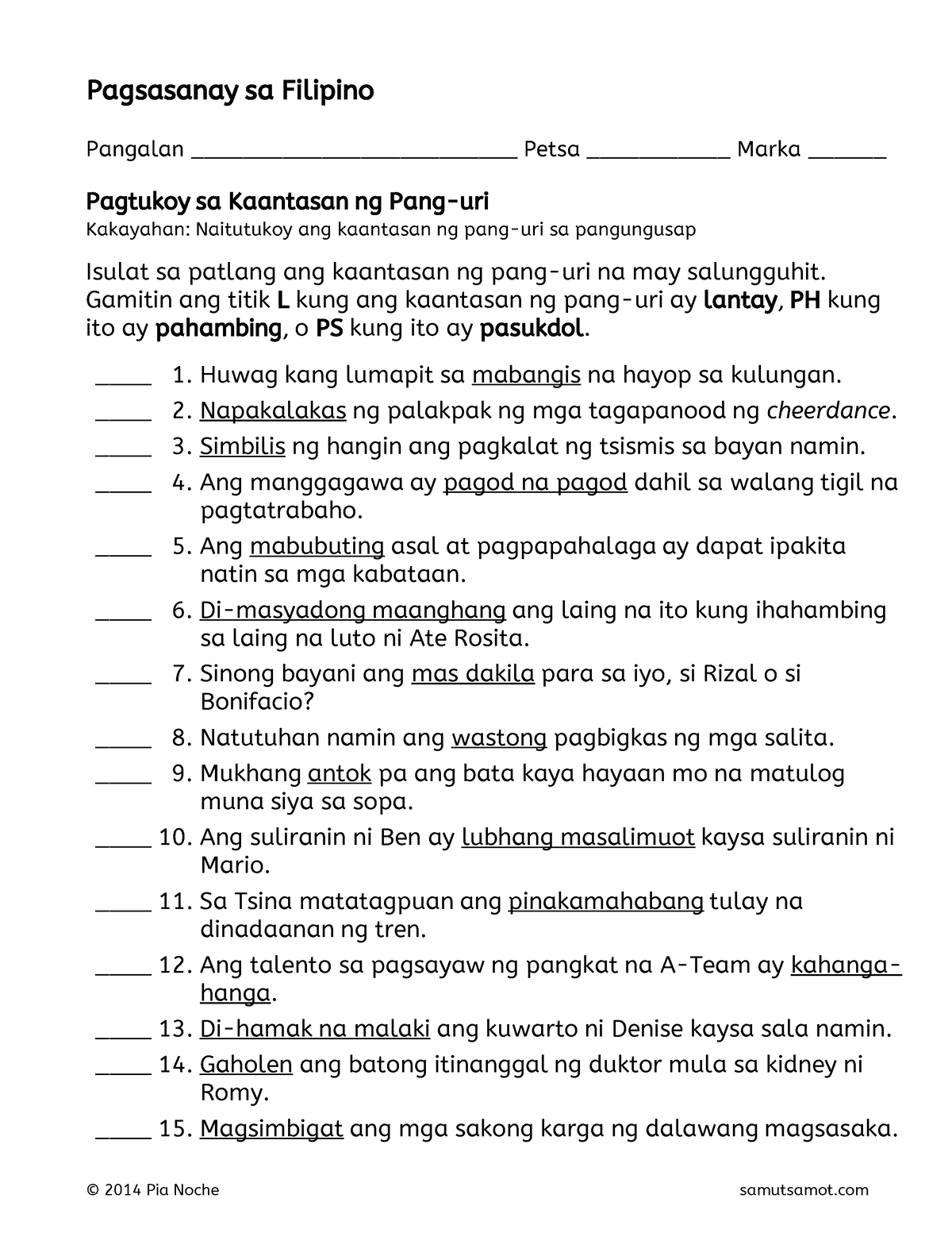 Pagtukoy Sa Kaantasan Ng Pang Uri Pagsasanay Sa Filipino Pangalan