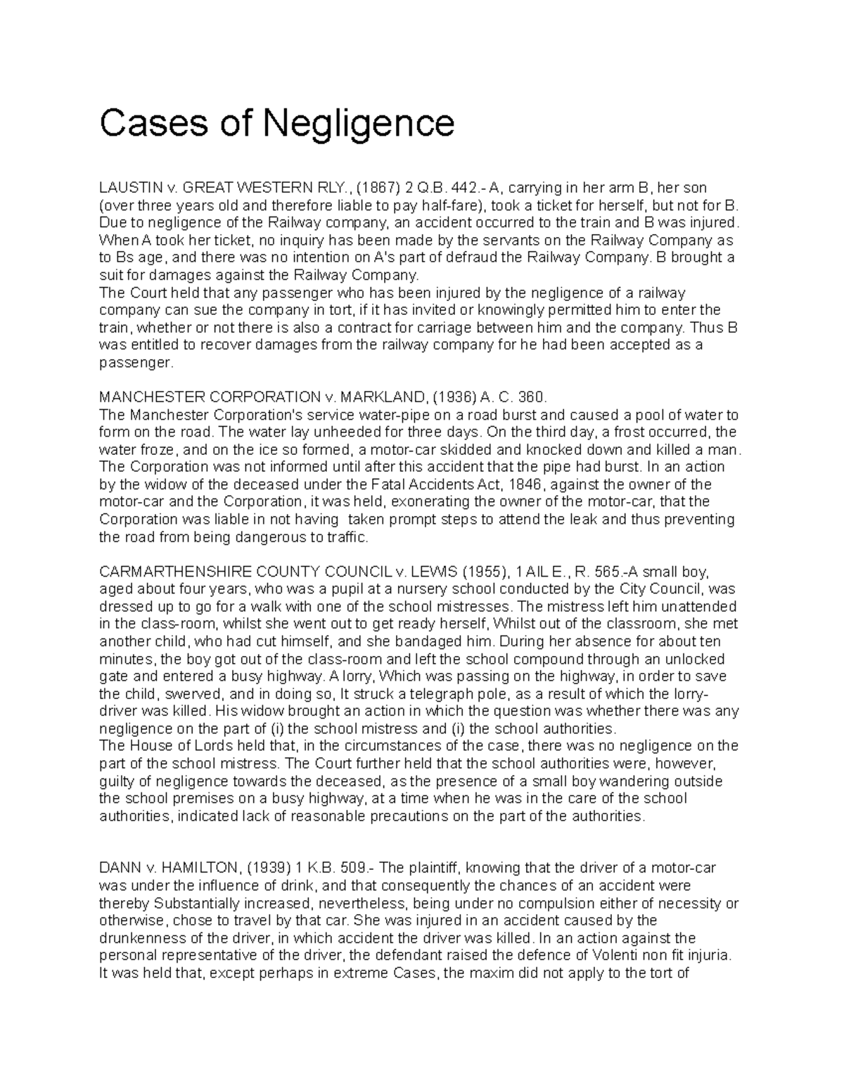 Cases On Negligence Notes Cases Of Negligence Laustin V Great