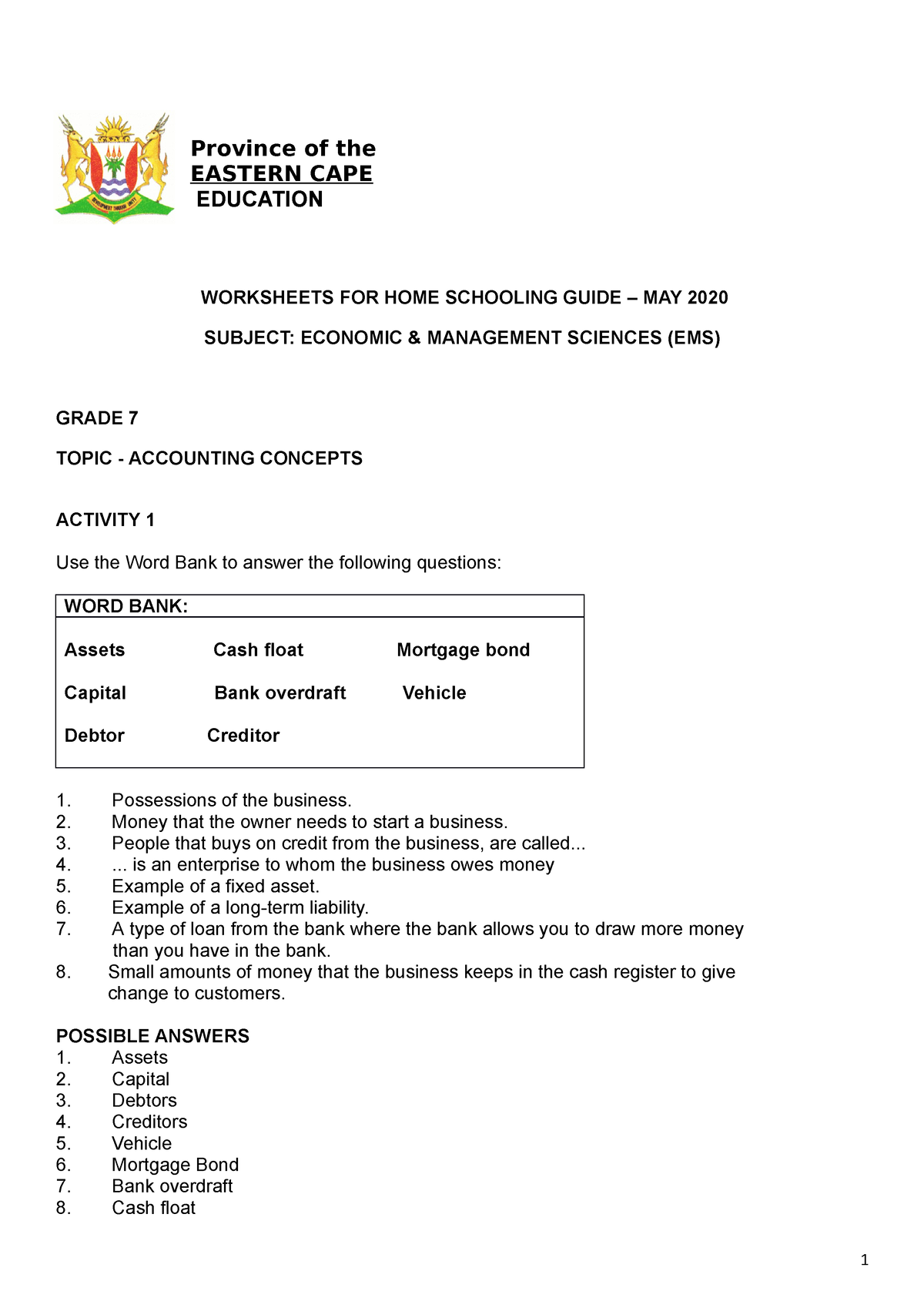 Ems Grades 7 9 Worksheets May 2020 Province Of The Eastern Cape