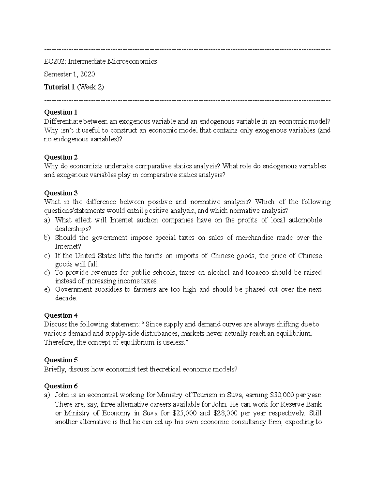 Ec202 Tutorial 1 Oii Ec202 Intermediate Microeconomics Semester 1