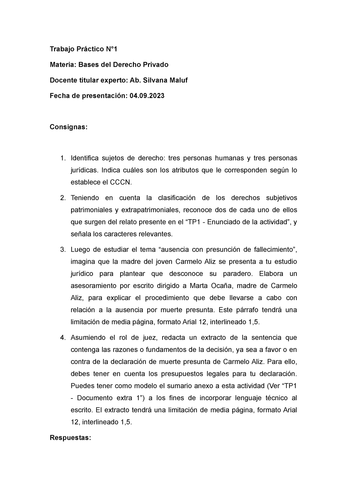 Tp1 Bases Del Derecho Privado Trabajo Práctico N° Materia Bases