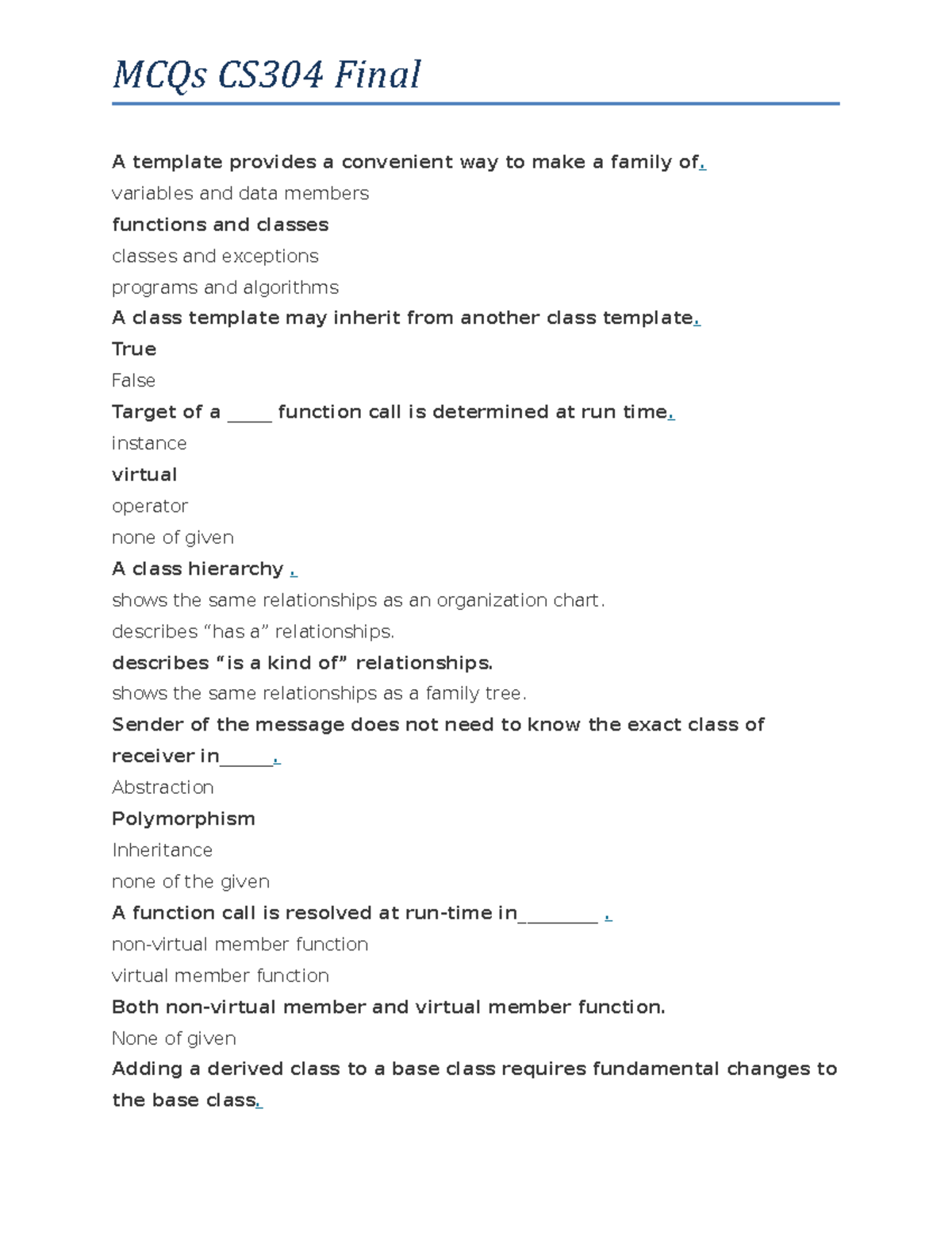 Mcqs Cs304 Final Variables And Data Members Functions And Classes