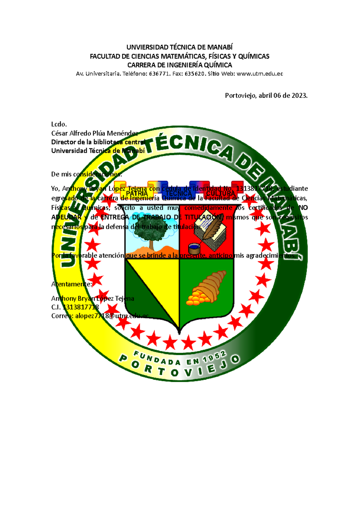 Solicitud No Adeudar Y Repositorio Unviersidad TÉcnica De ManabÍ