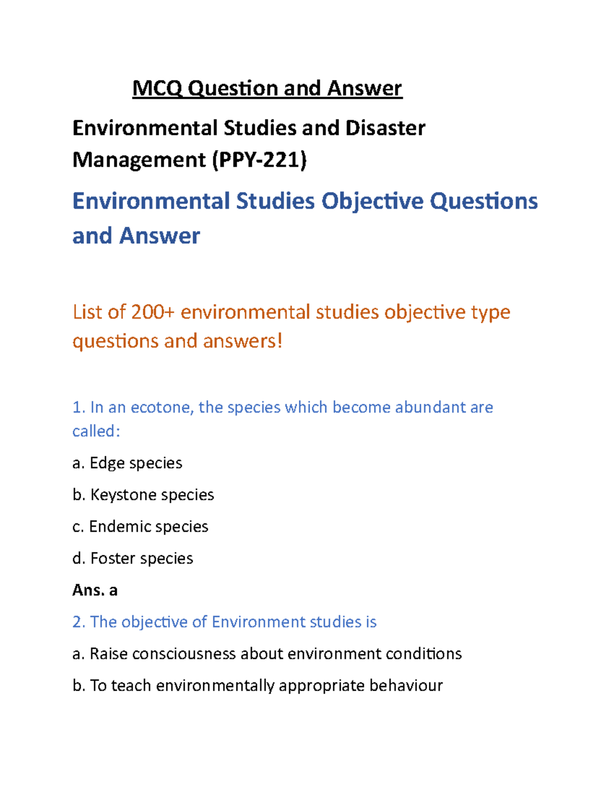 200 Environmental Studies Objective Questions And Answers Mcq