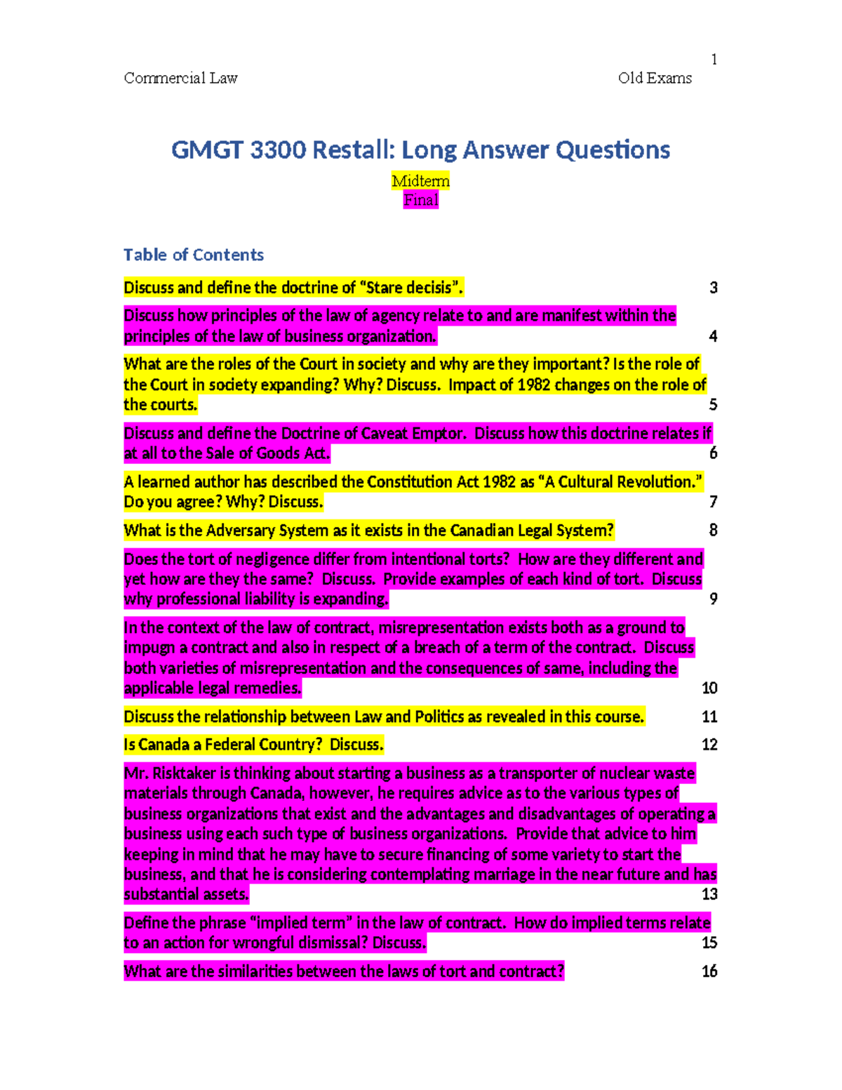 Questions To Practice Commercial Law Old Exams Gmgt 3300 Restall