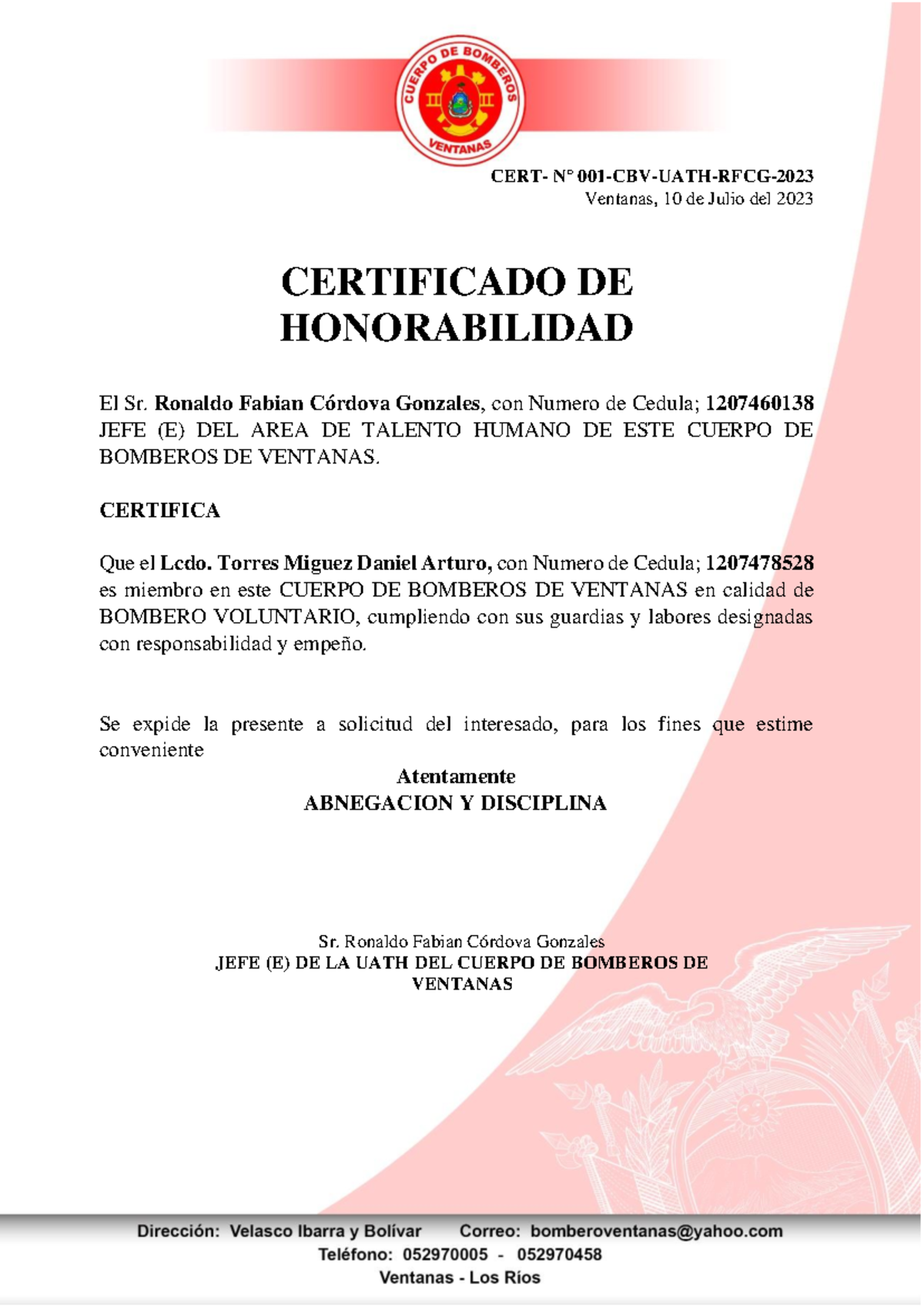 Certificado De Honorabilidad Cert N° 001 Cbv Uath Rfcg 2023