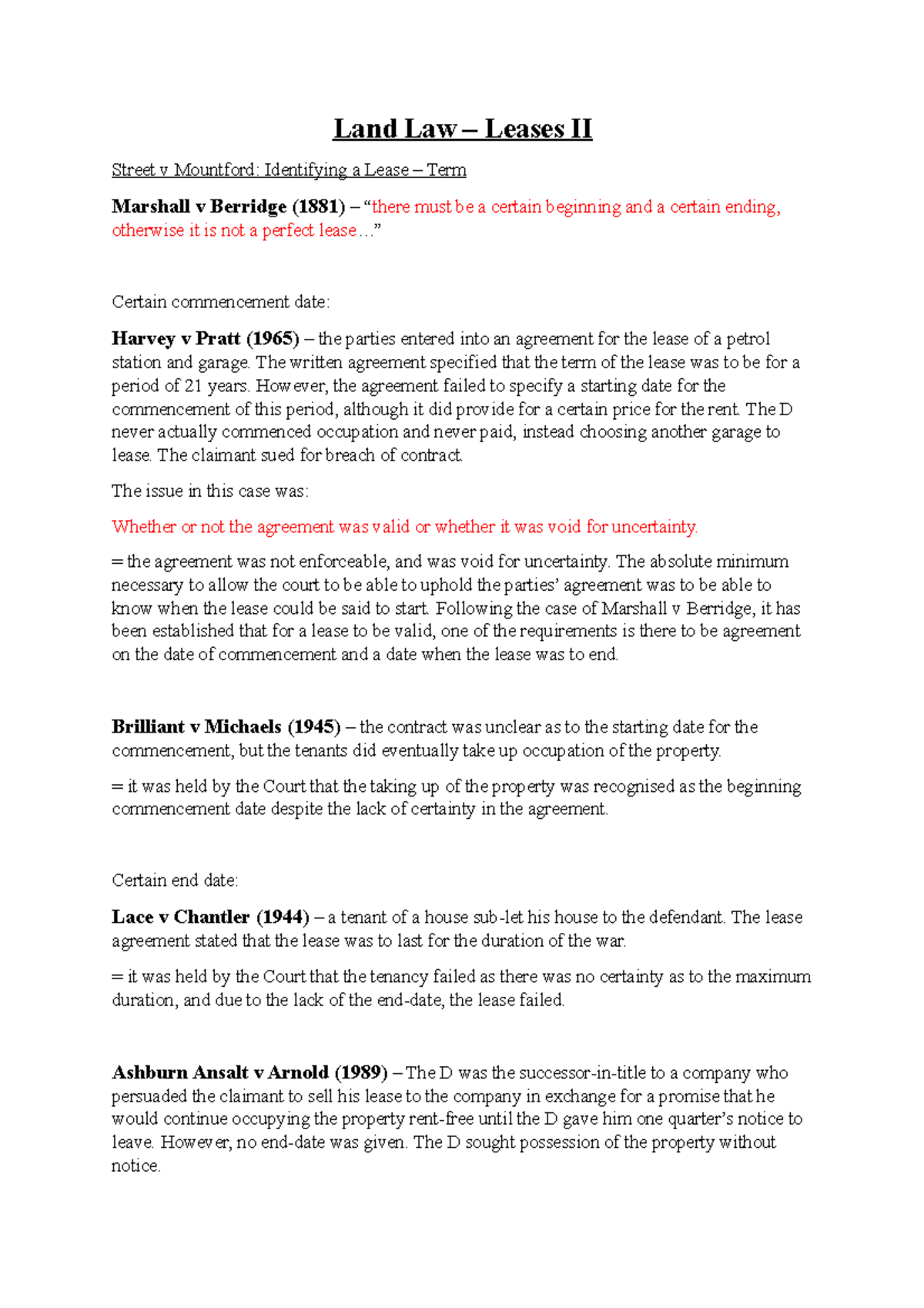 Land Law On Leases Ii Land Law Leases Ii Street V Mountford