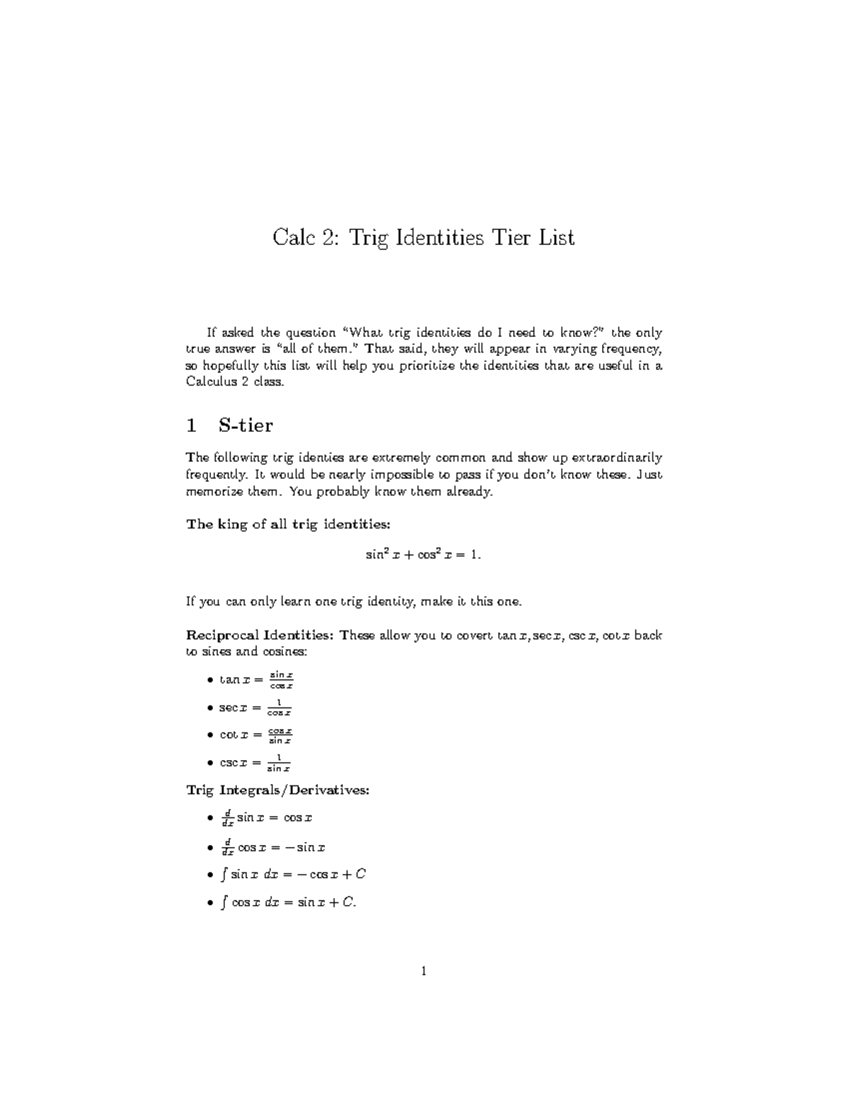 Trig Identities Calculus 2 Calc 2 Trig Identities Tier List If Asked