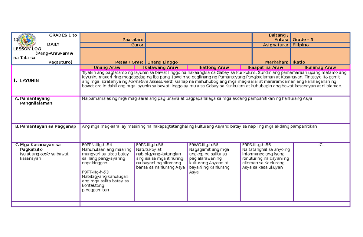 Aralin 1 Teacher Guide Grades 1 To 12 Daily Lesson Log Pang Araw