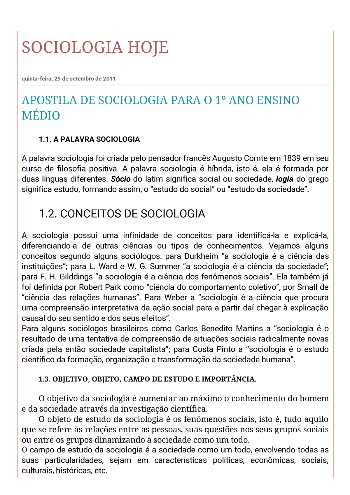 Sociologia Hoje Apostila De Sociologia Para O 1º Ano Ensino Médio