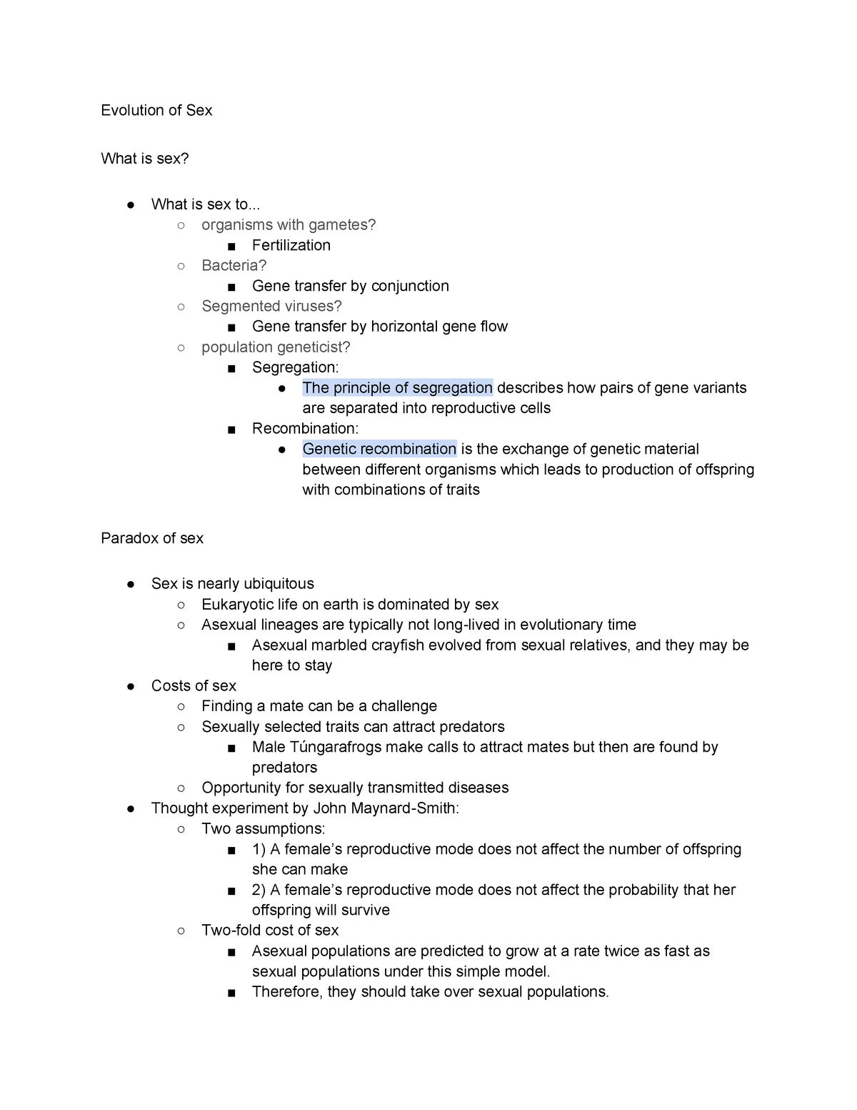 Evolution Of Sex Lecture Notes Evolution Of Sex What Is Sex What