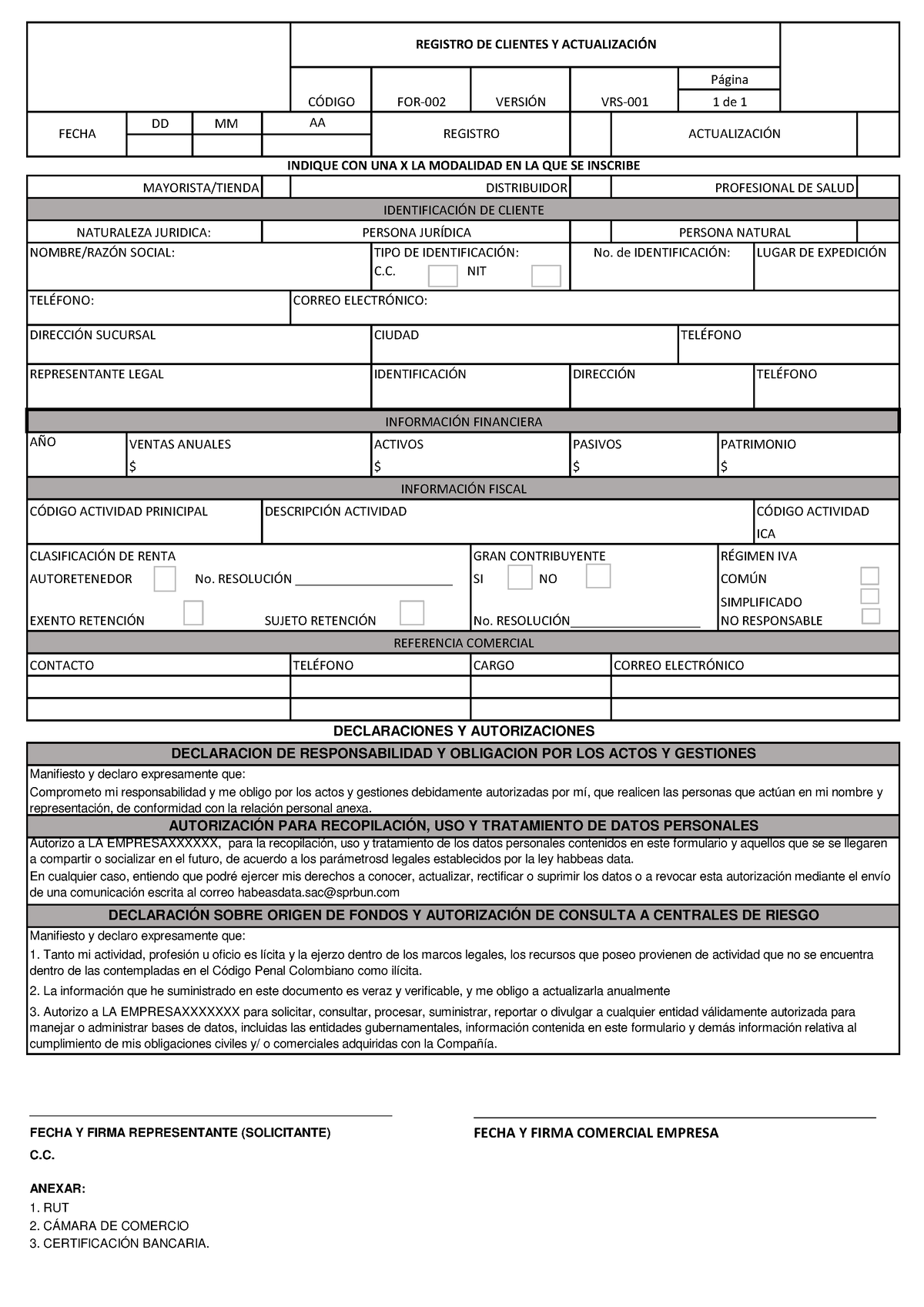 Formato De Registro De Clientes Y Actualización De Datos Dd Mm