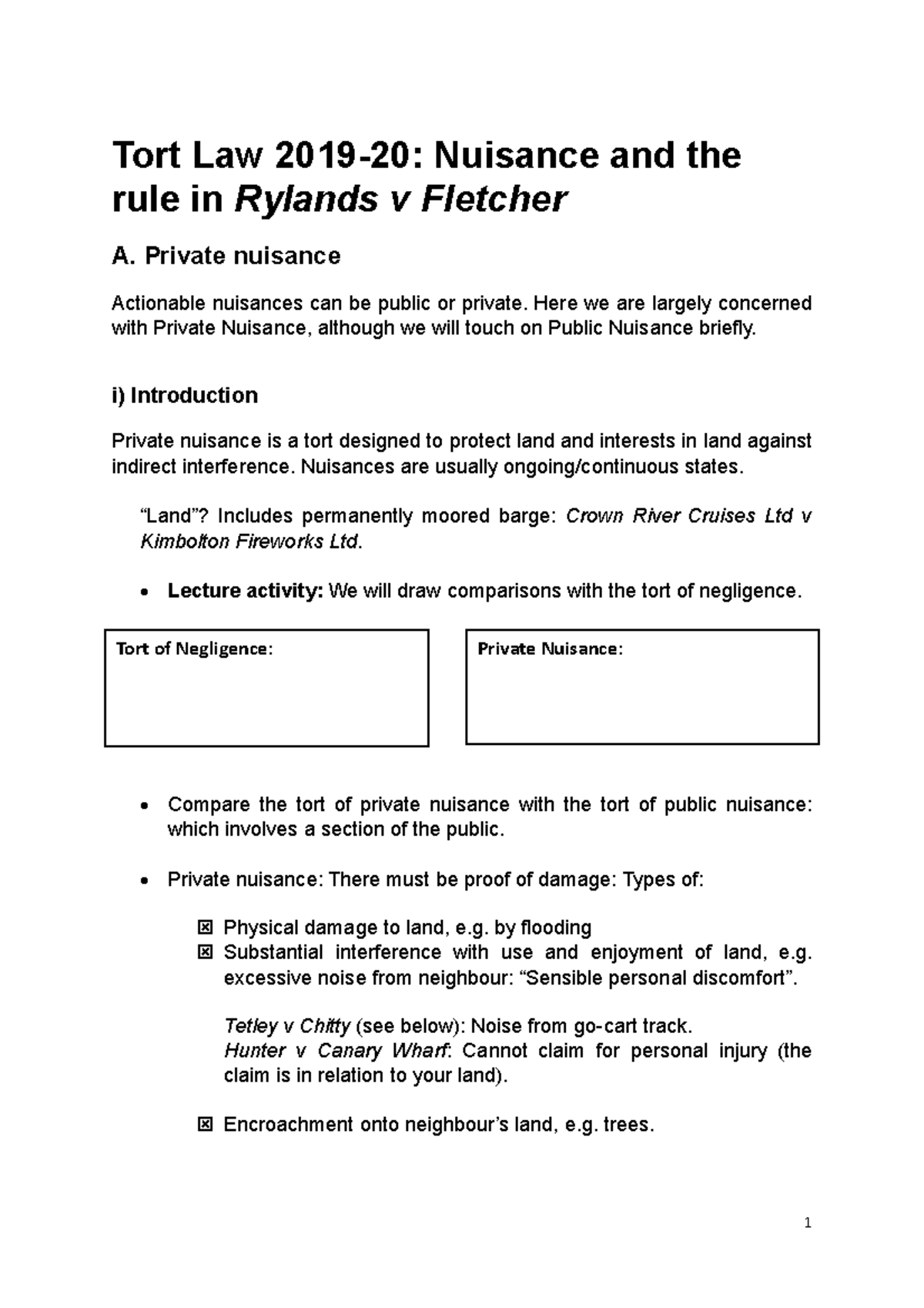 Nuisance And Rylands Lecture Guide Tort Law 2019 20 Nuisance And The