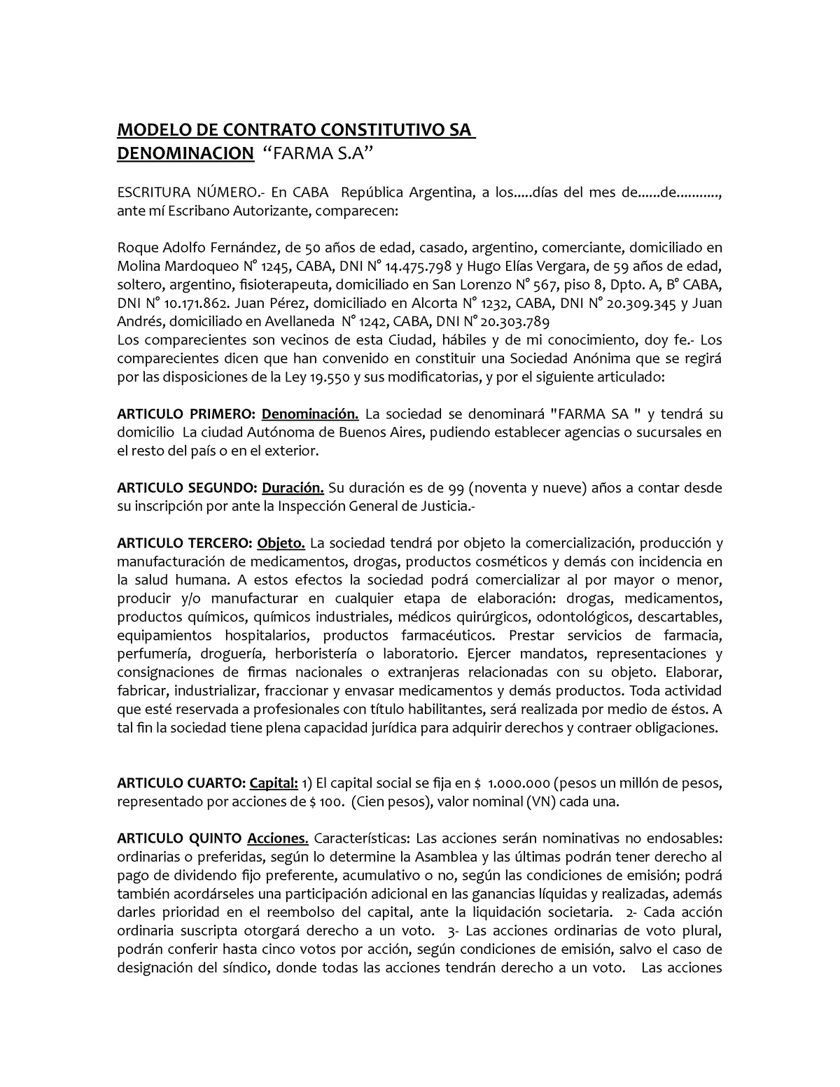 Sociedades Modelo De Contrato De Una Sociedad Anónima Modelo De