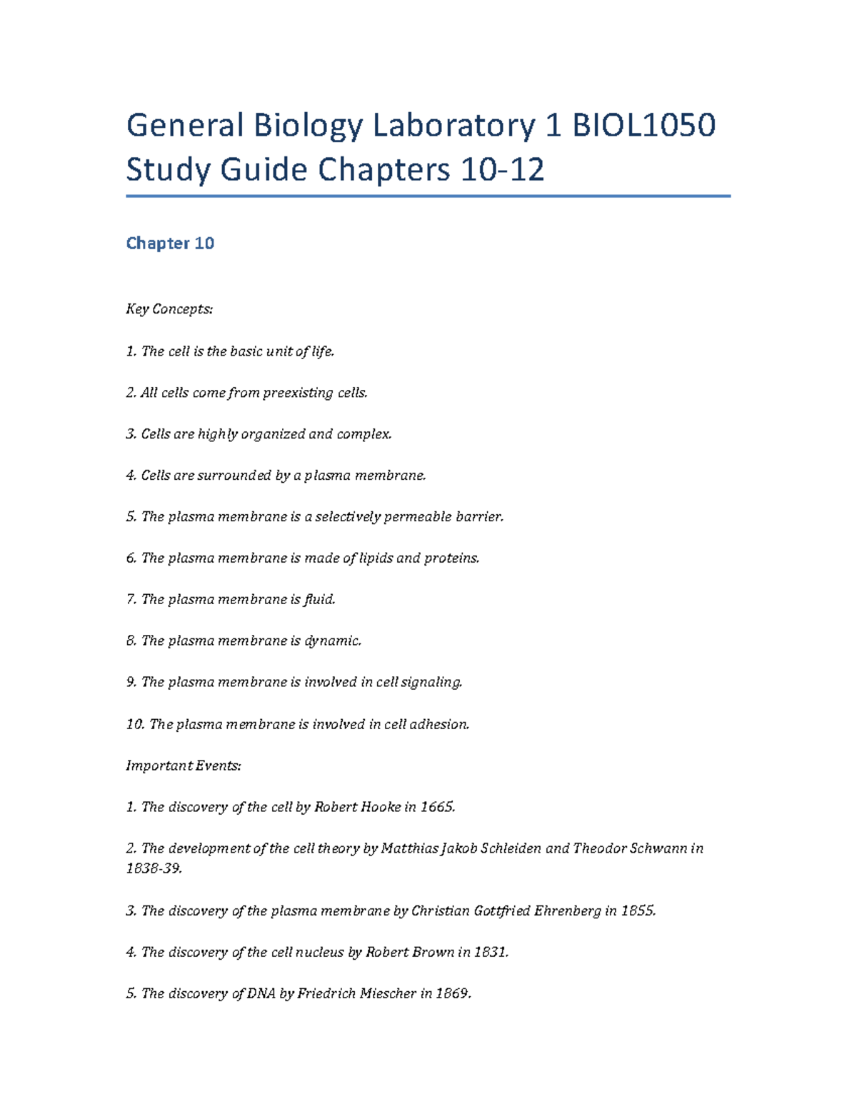 General Biology Laboratory 1 Biol1050 Study Guide Chapters 10 12