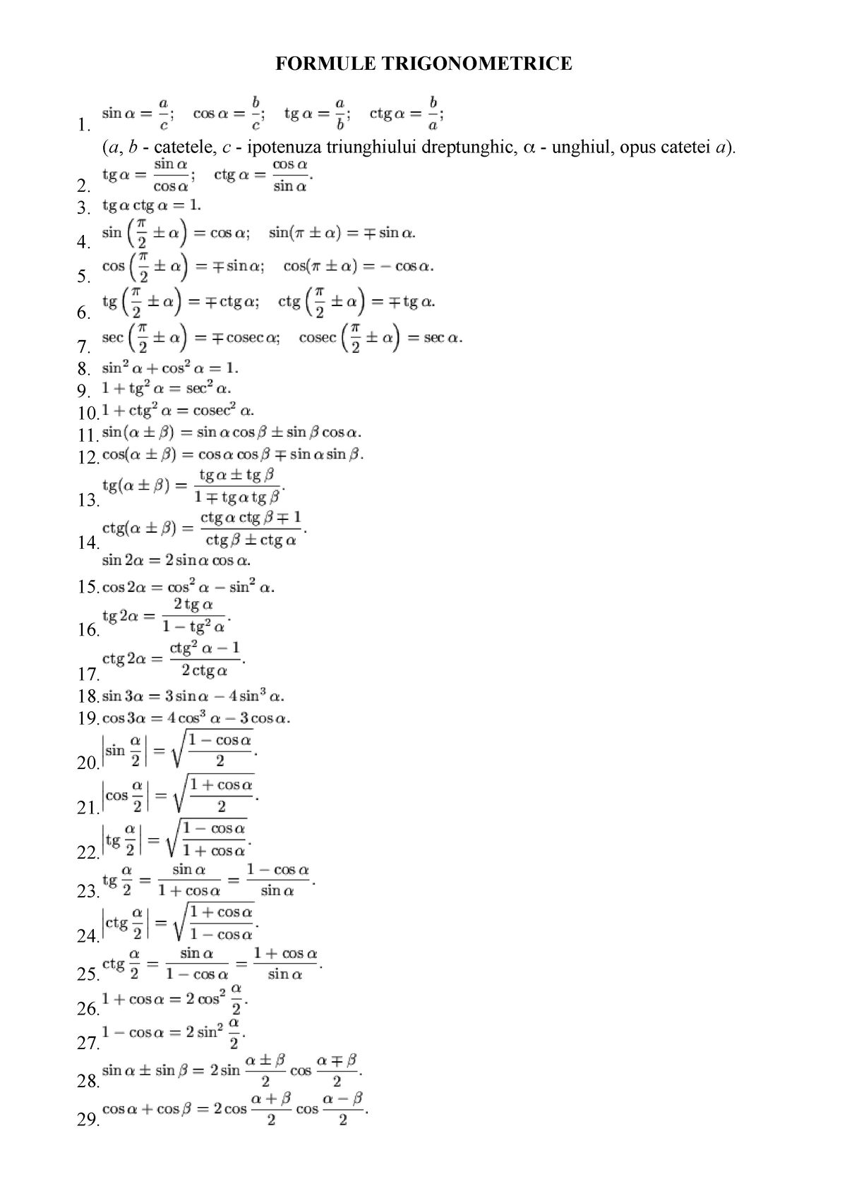 Formule Matematice Formule Trigonometrice 1 A B Catetele C