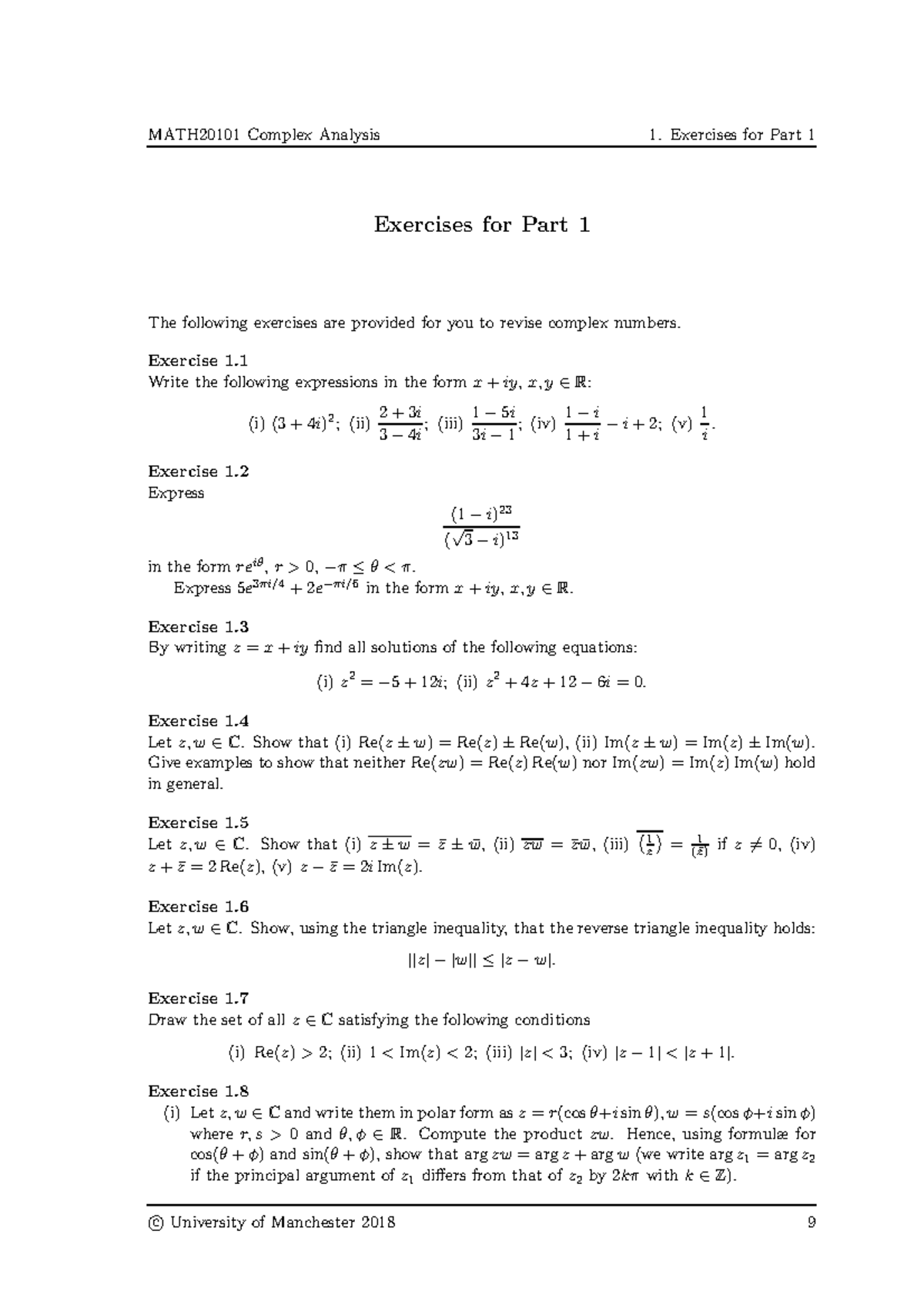 Complex Analysis Exercises Math20101 Complex Analysis 1 Exercises