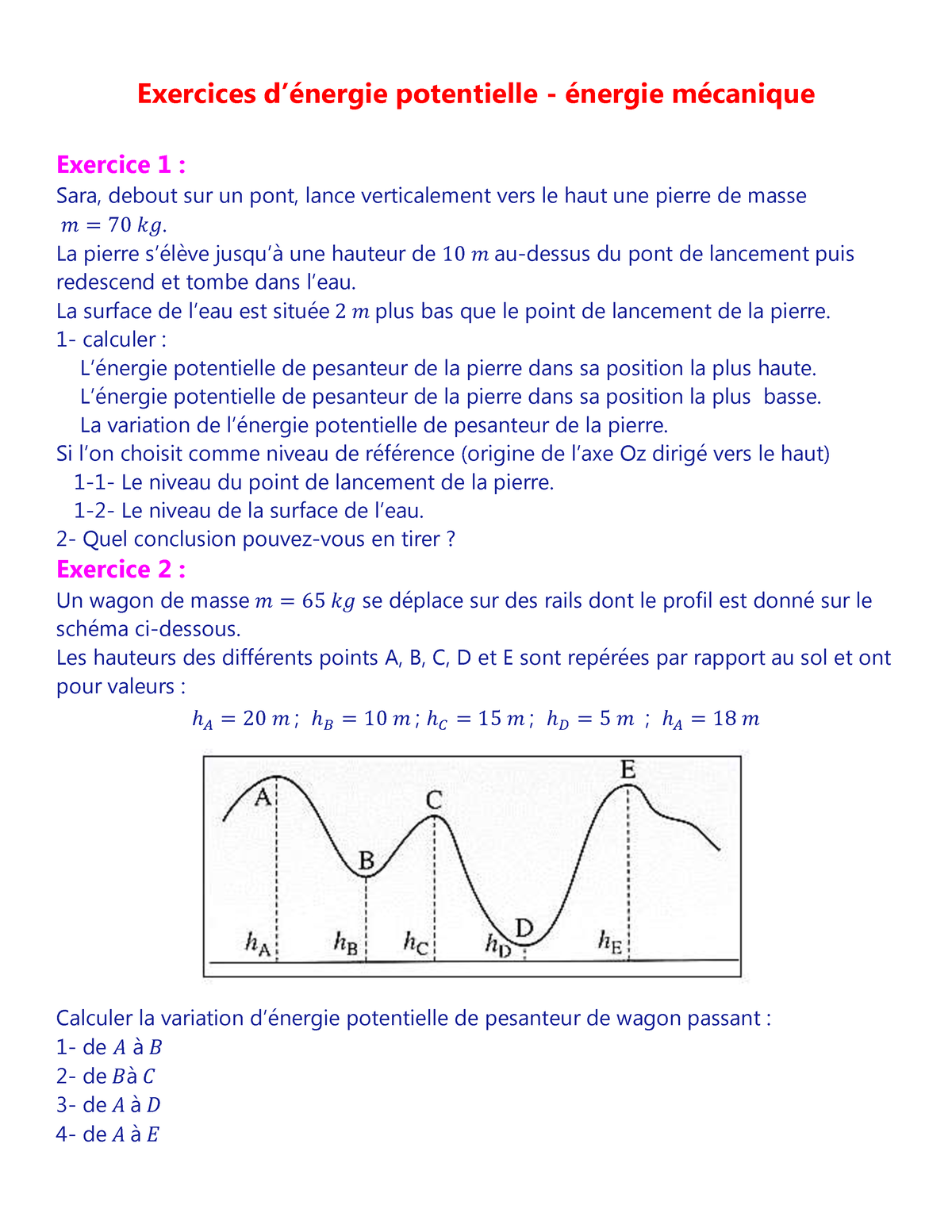 Travail Et Energie Potentielle De Pesanteur Energie Mecanique Serie D