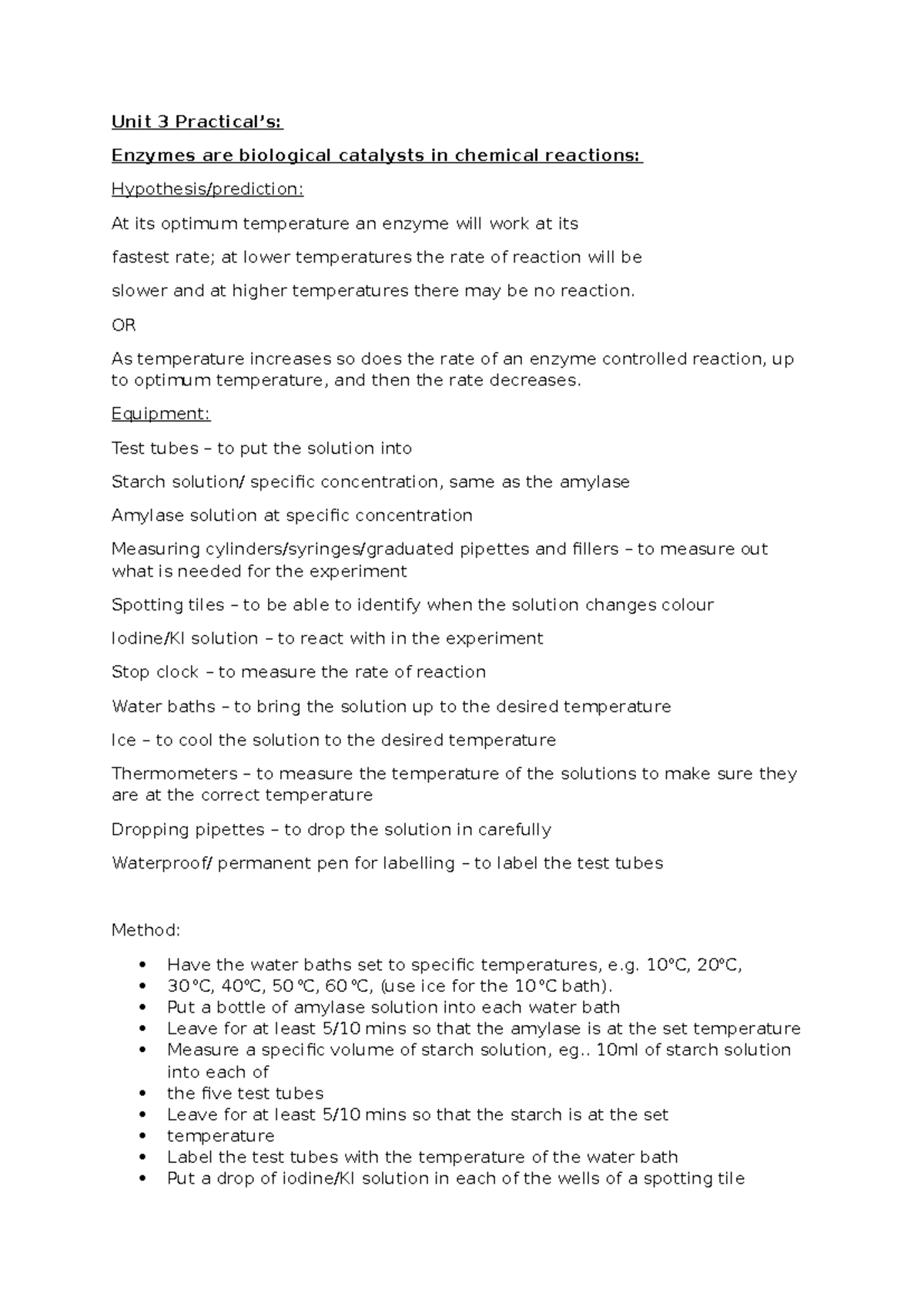 Unit 3 Practicals Applied Science Btec Unit 3 Practicals Enzymes