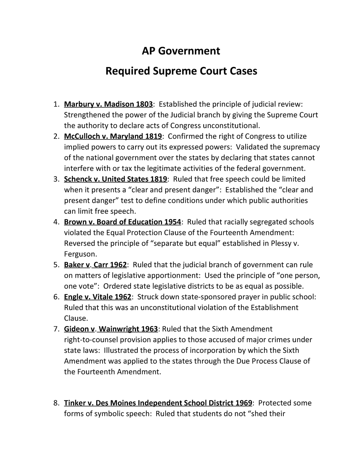 Copy Of Required Supreme Court Cases Ap Government Required Supreme