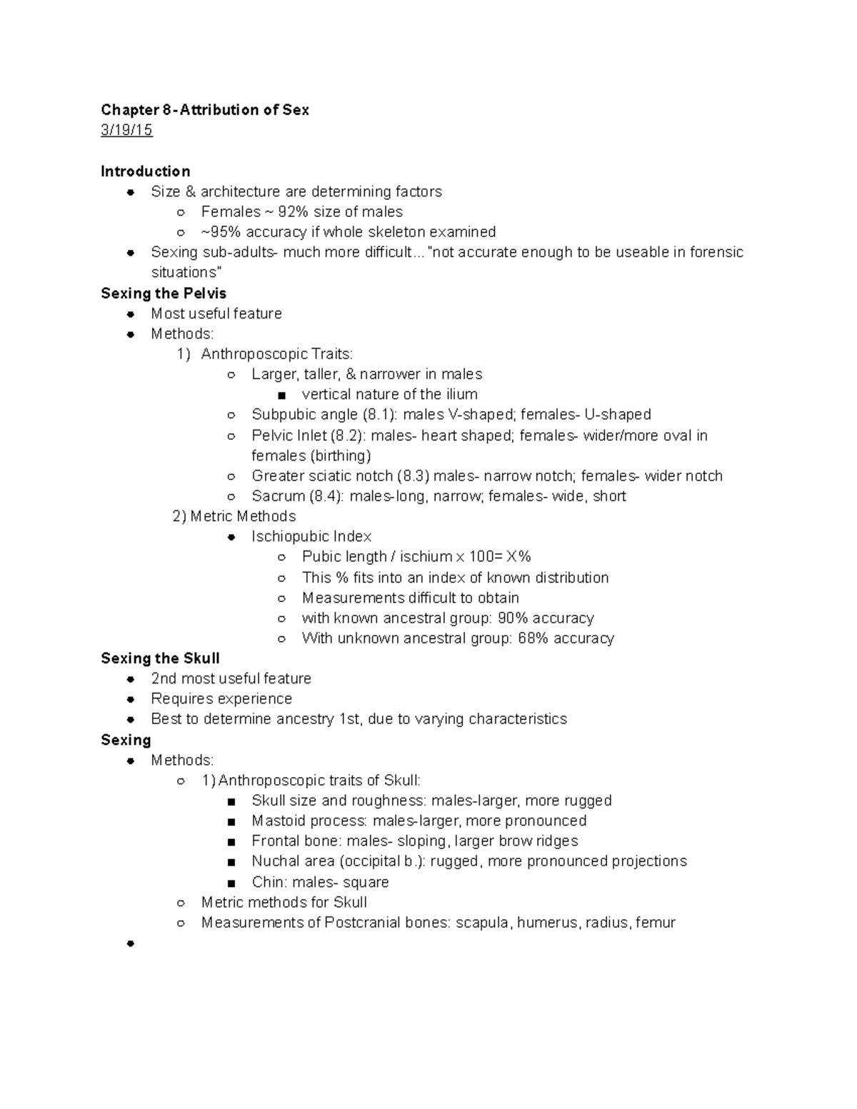 Forensic Anthropology Chapter 8 Notes Attribution Of Sex Chapter 8