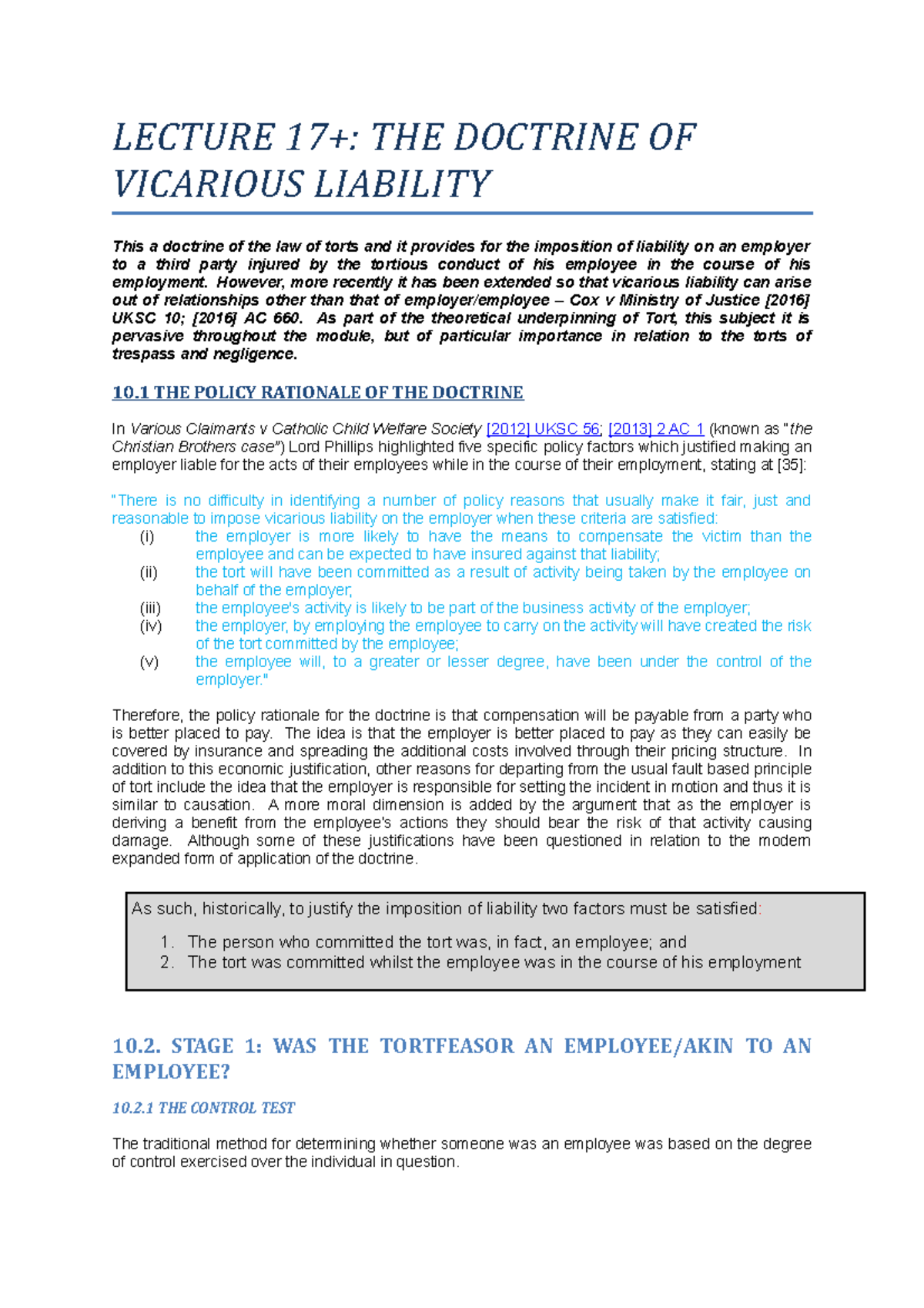 Vicarious Liability Lecture Notes Lecture 17 The Doctrine Of