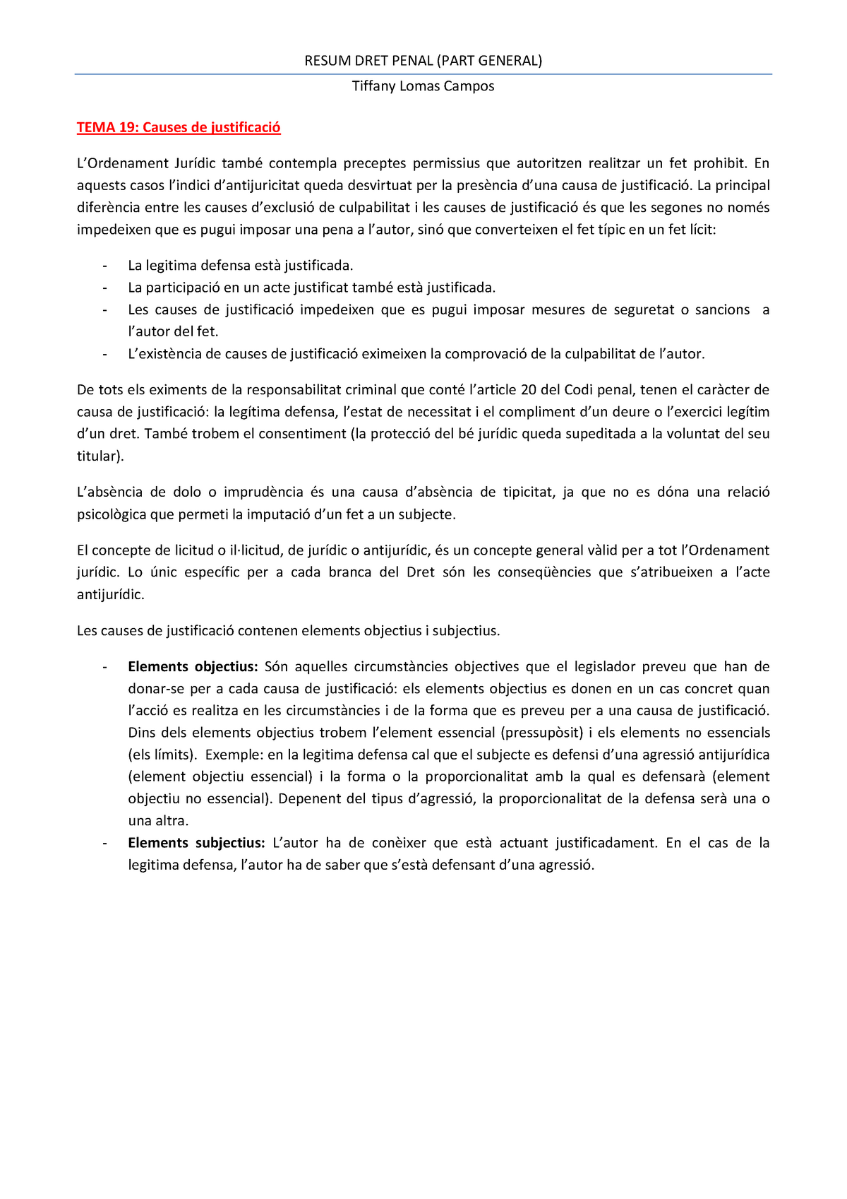 Tema 19 Causes De JustificaciÓ Resum Dret Penal Part General