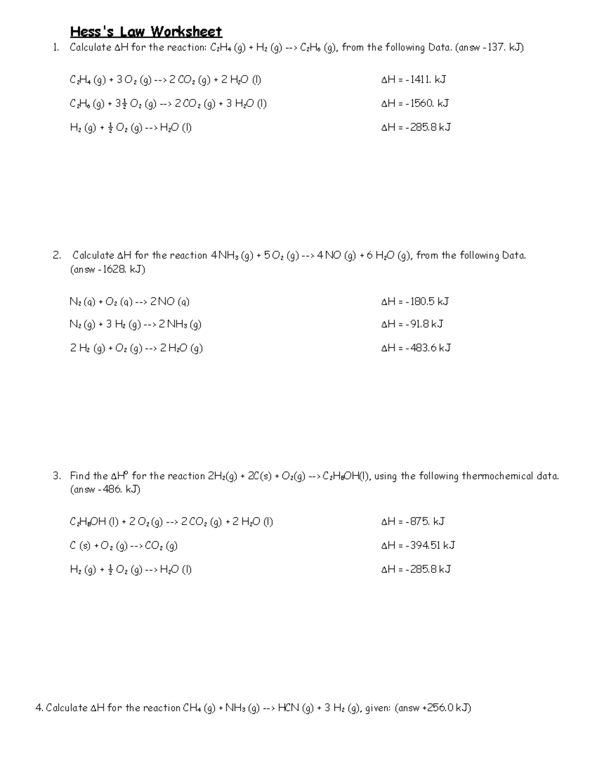 Hess Law Worksheet Hesss Law Worksheet Calculate H For The Reaction