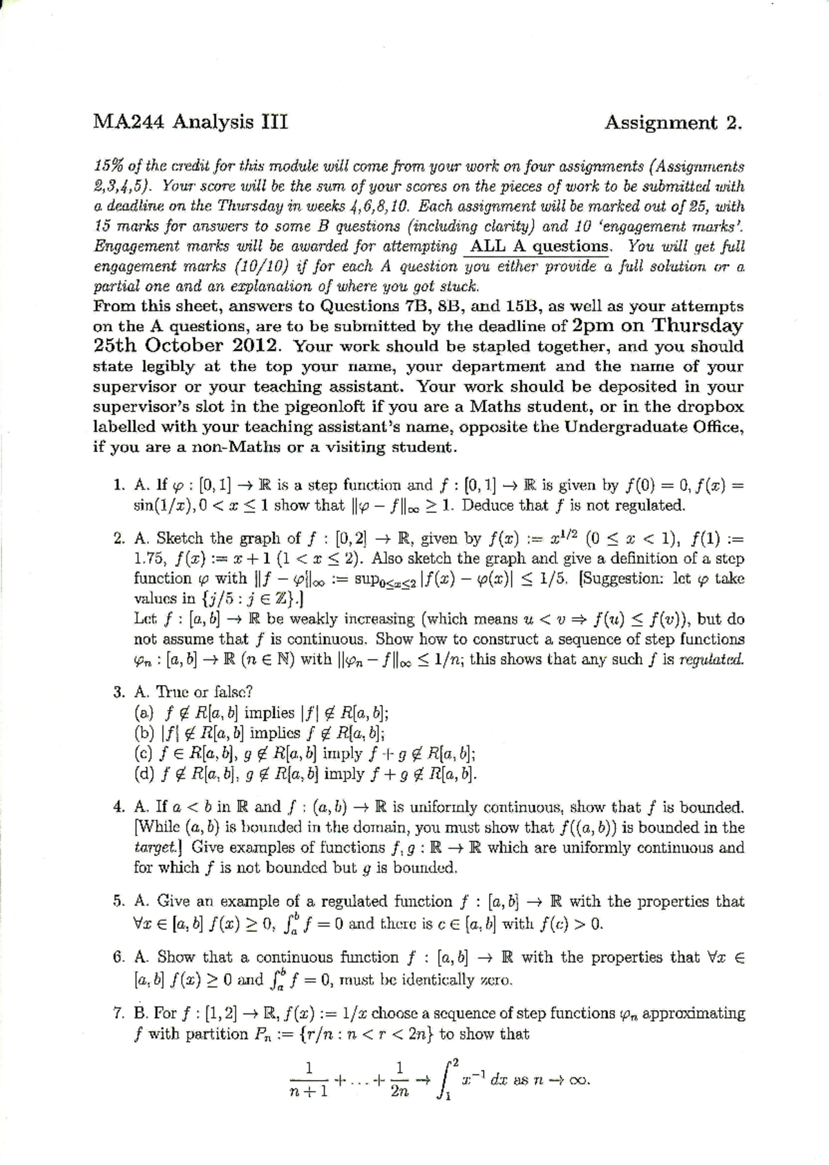 Exercise Sheet 2 Questions 1da244 Analysis Iii Assignment 2 15