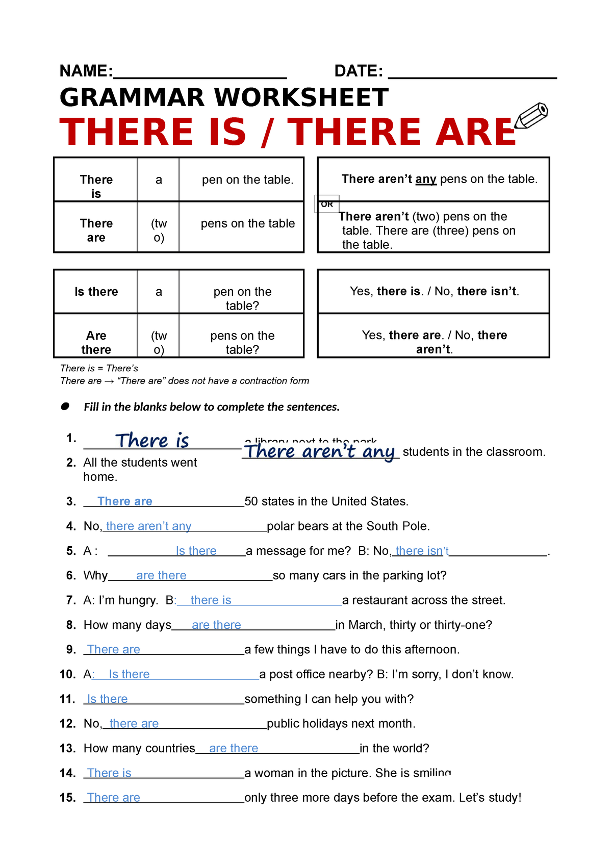 There Is There Are Grammar Worksheet Name Date Grammar Worksheet