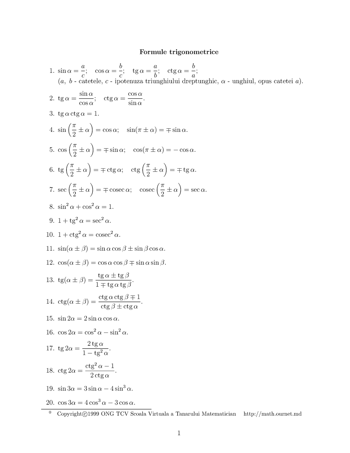 Trigonom Formule Trigonometrice Sinα A C Cosα B C Tgα A B