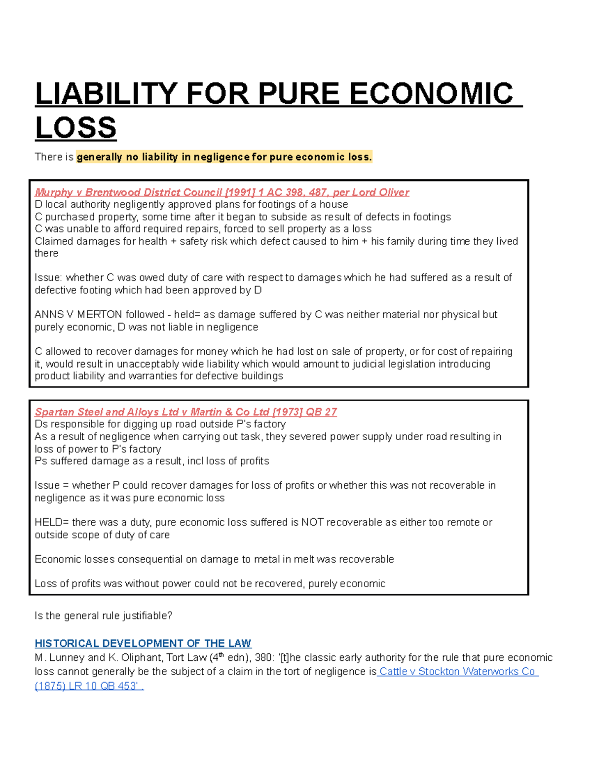 Tort Law Liability For Pure Economic Loss Liability For Pure