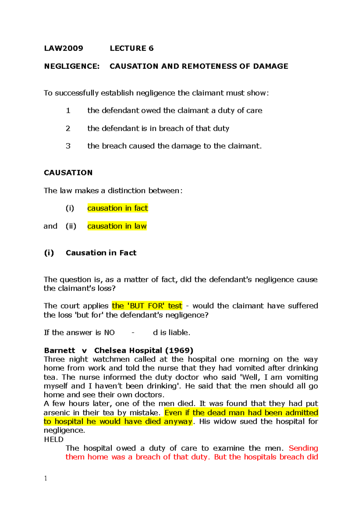 Tort Law Causation Law2009 Lecture 6 Negligence Causation And