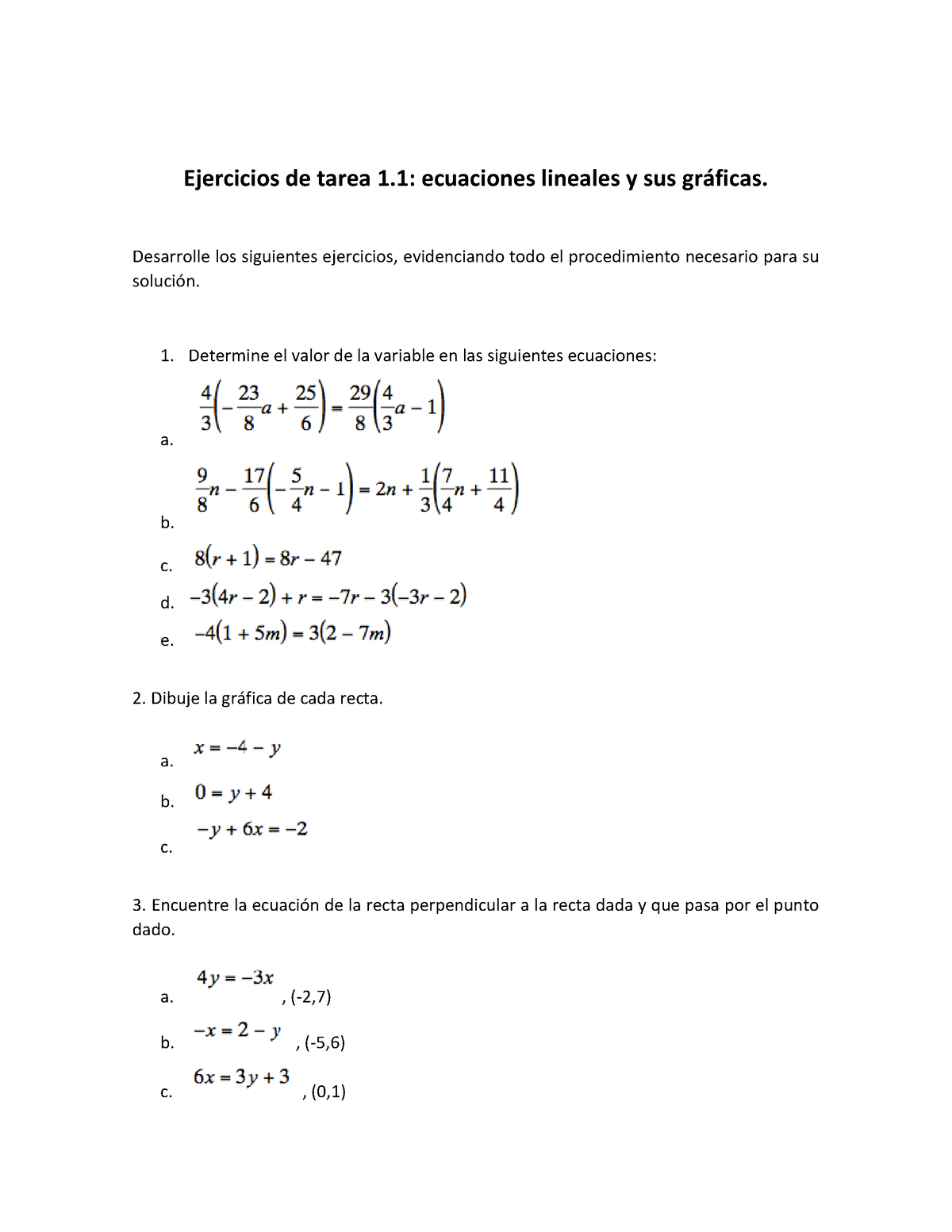 Ecuaciones Lineales Y Sus Graficas Ejercicios De Tarea 1 Ecuaciones