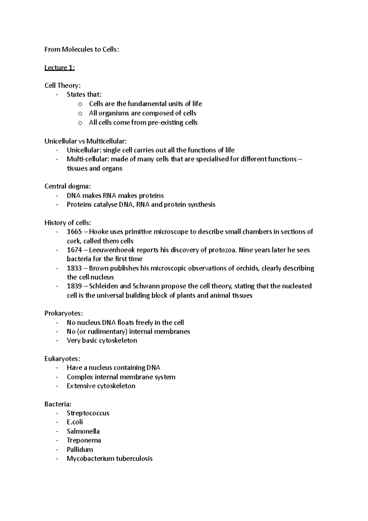 From Molecules To Cells From Molecules To Cells Lecture 1 Cell