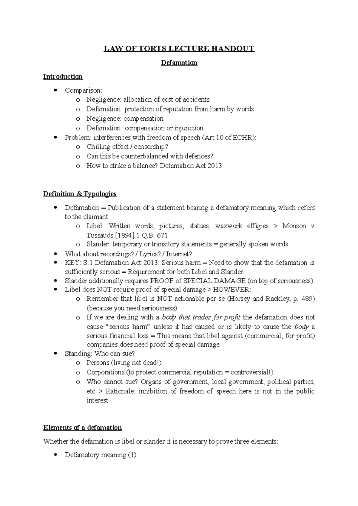 Tort Law Lecture Notes On Defamation Handout 2021 Law Of Torts