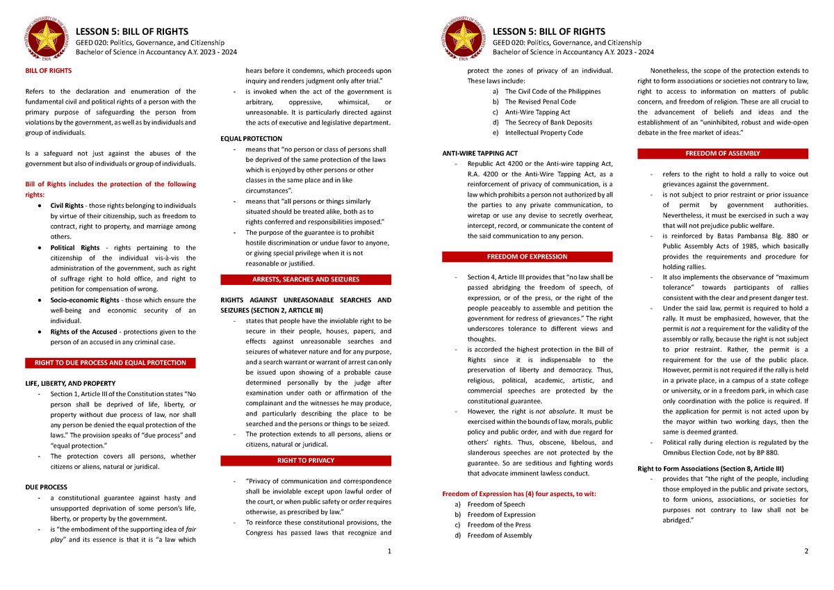 Pol Gov L5 Reviewer Notes Lesson 5 Bill Of Rights Geed 020