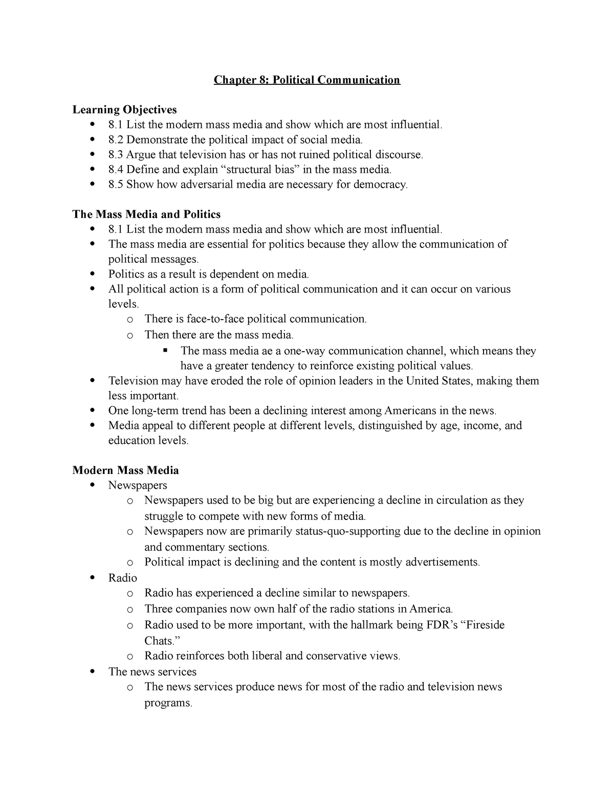 Chapter Eight Notes Chapter 8 Political Communication Learning