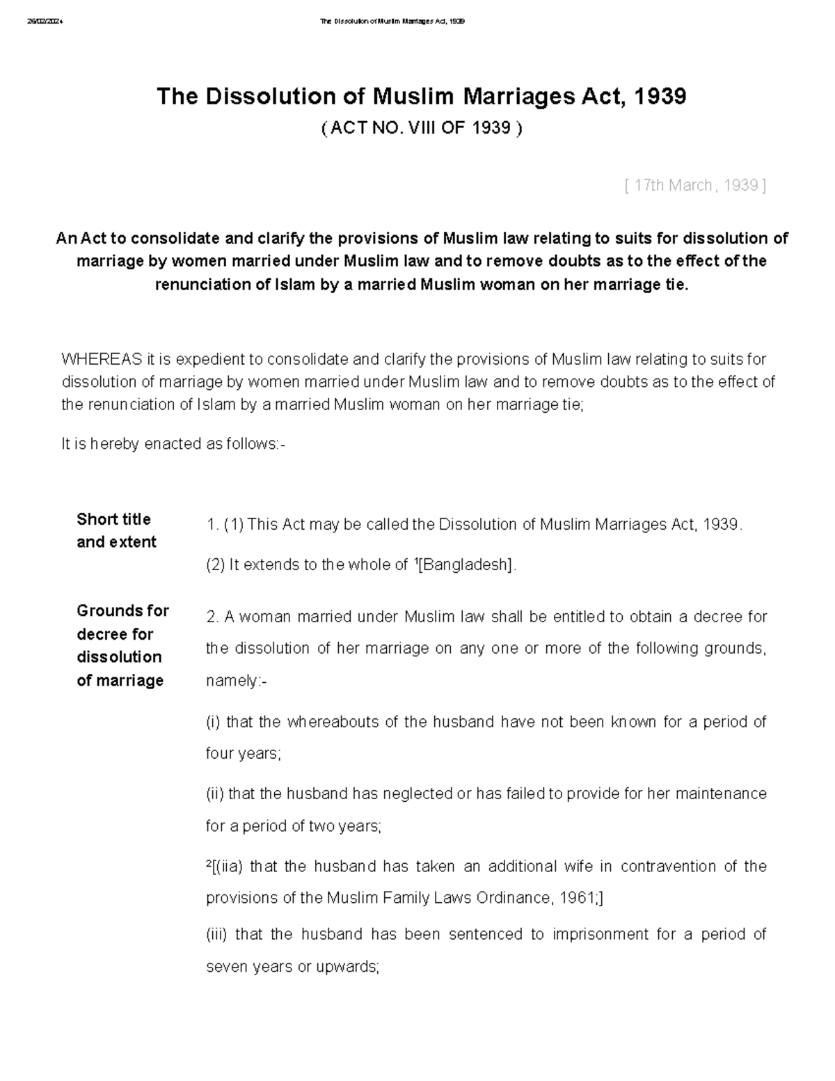 The Dissolution Of Muslim Marriages Act 1939 Viii Of 1939 17th