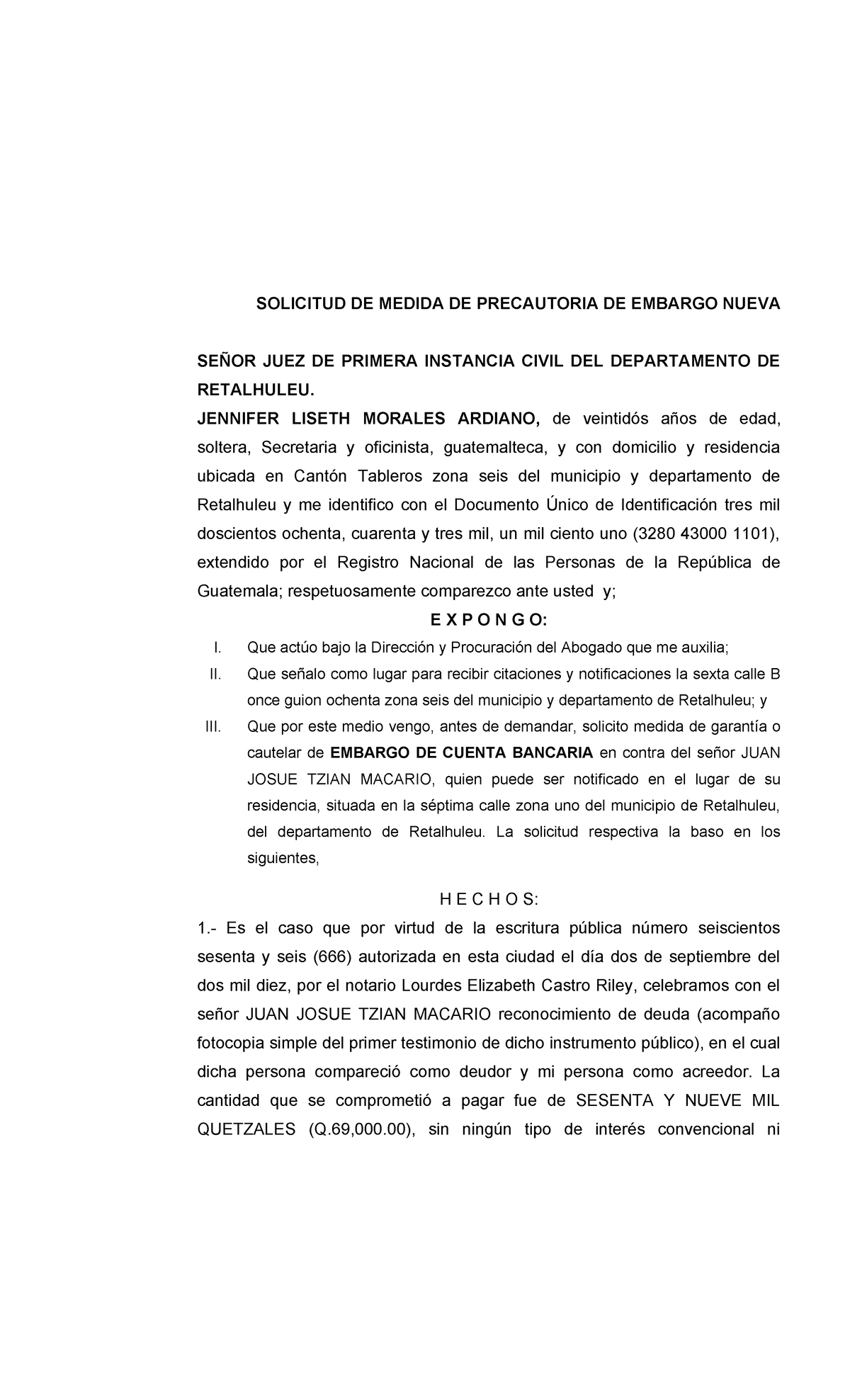 Memo Solicitud De Embargo Precautorio Solicitud De Medida De